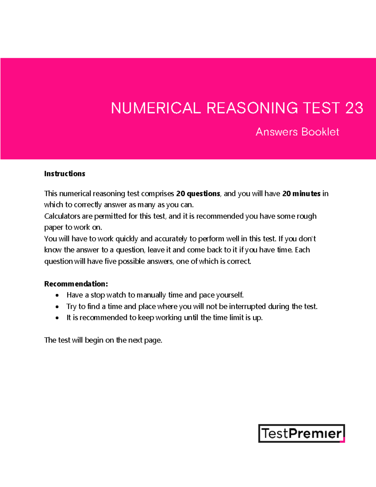 Numerical TEST 23 Answer - Instructions This numerical reasoning test ...