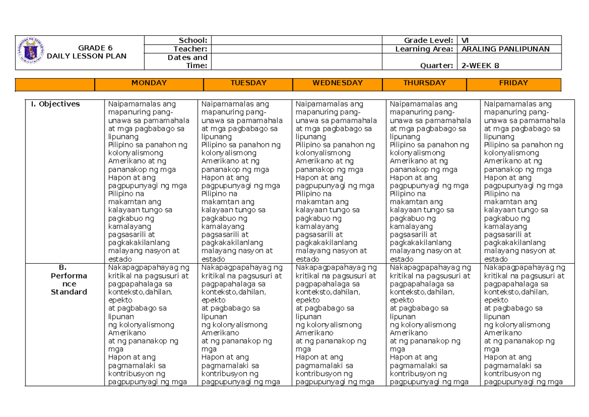 WEEK8 DLL AP 1 - DLL - GRADE 6 DAILY LESSON PLAN School: Grade Level ...