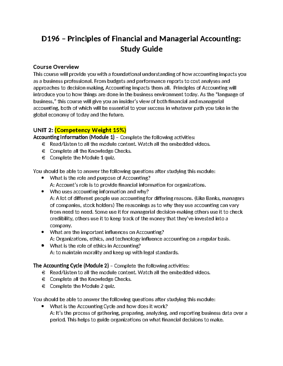 D196 Study Guide Finished - D196 – Principles of Financial and ...