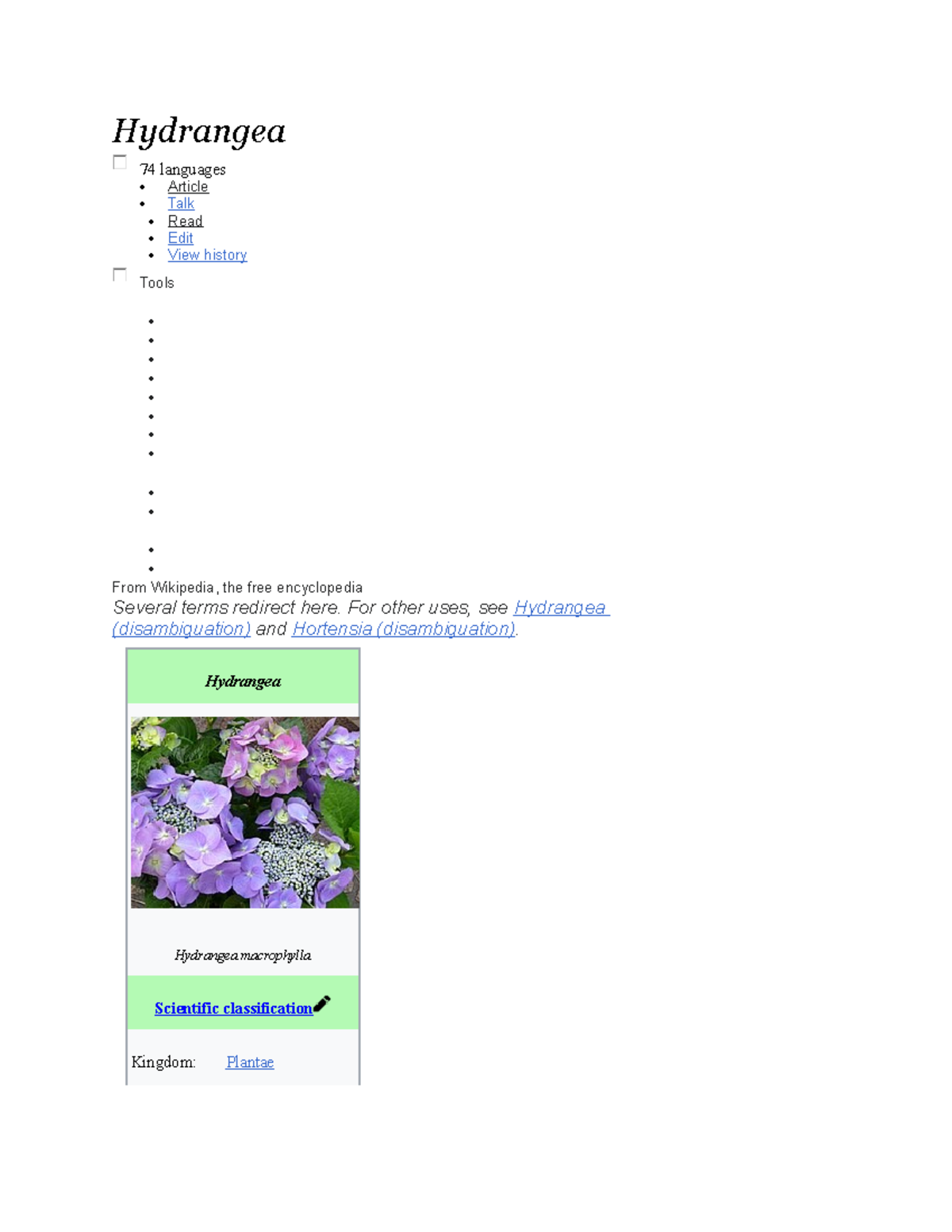 Hydrangea - NOTES - Hydrangea 74 languages Article Talk Read Edit View ...