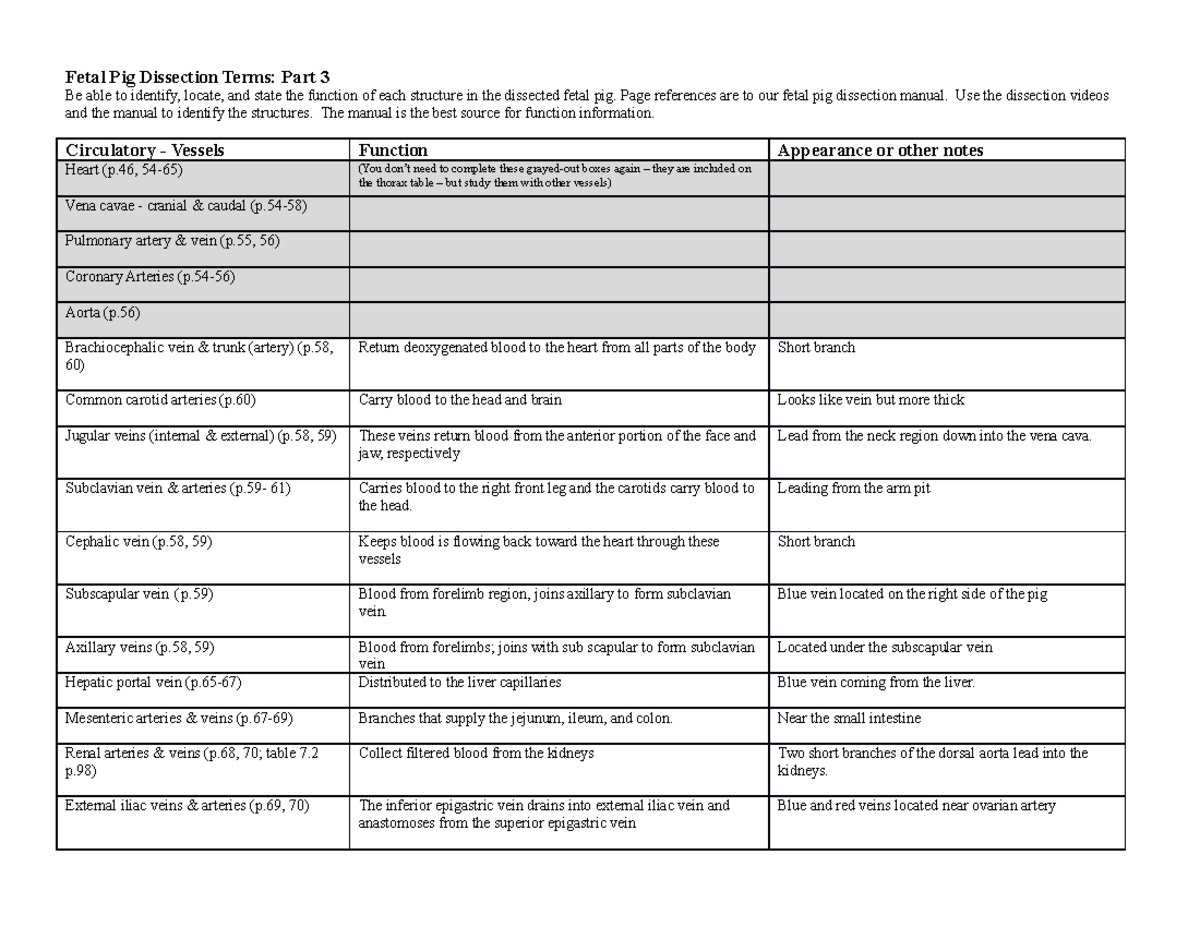 Fetal Pig Dissection Terms Part3 - Page references are to our fetal pig ...