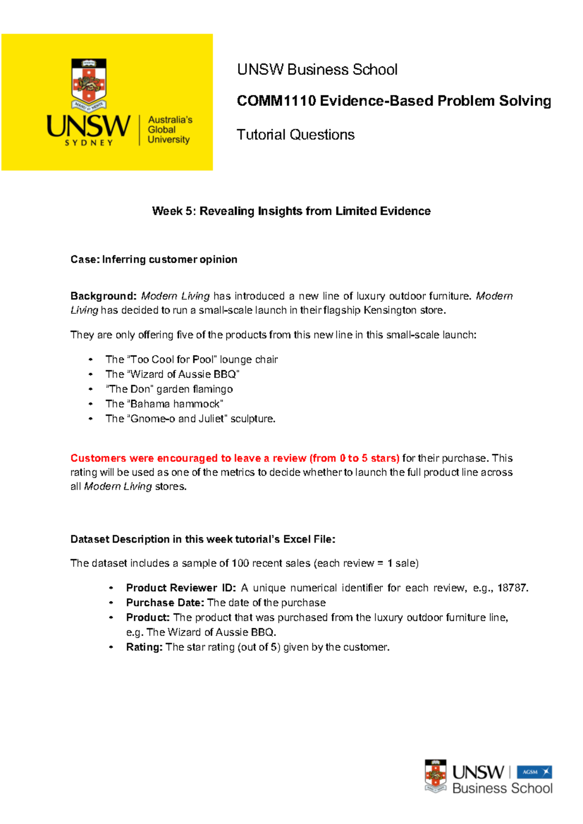 COMM1110 Tutorial Week 5 Questions 2024 T3 - UNSW Business School COMM1110 Evidence-Based ...