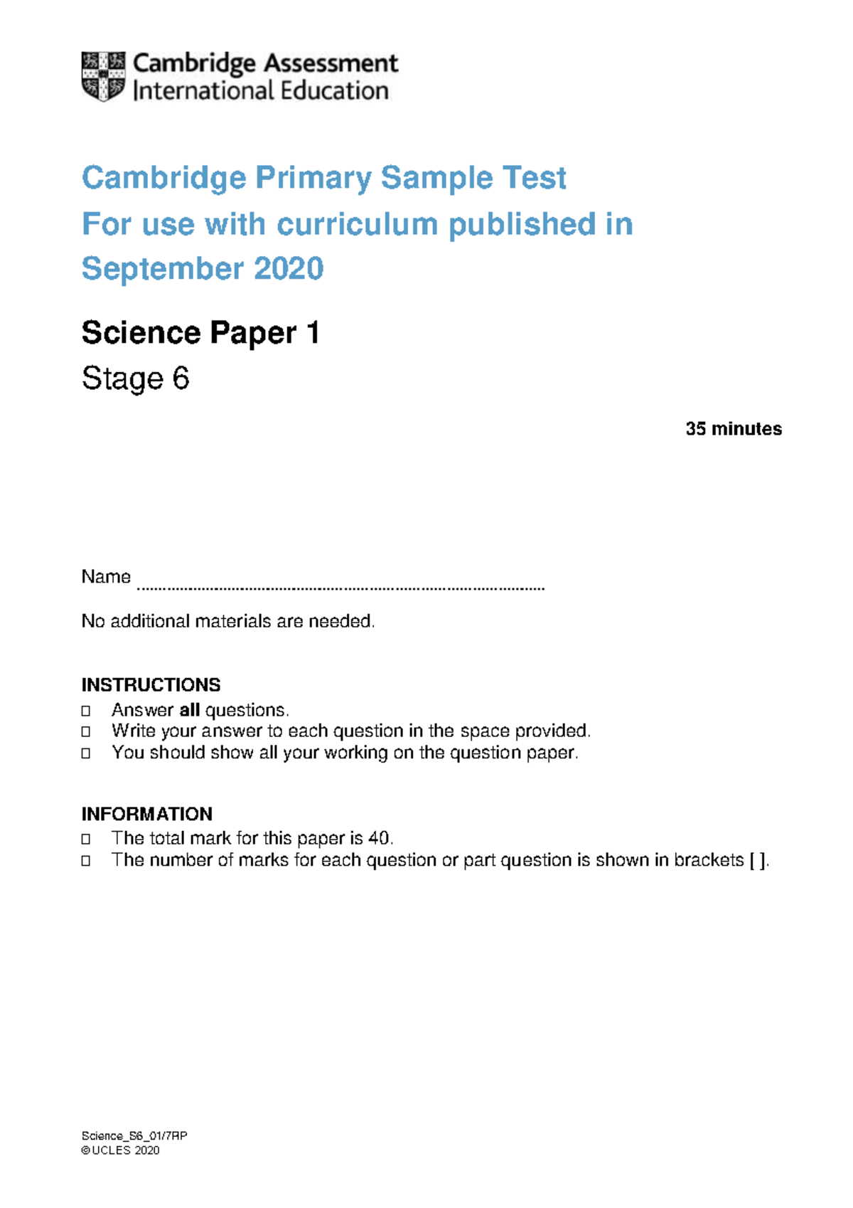 Cambridge Primary Progression Test - Stage 6 Science 2020 Paper 1 ...