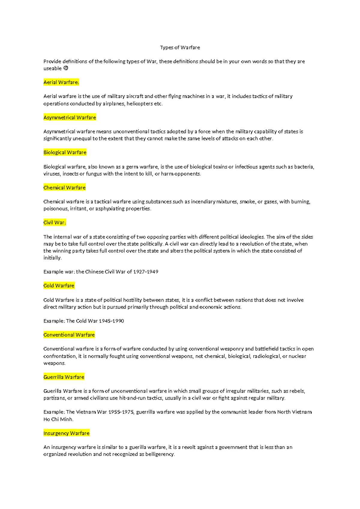 Types of Warfare - Types of Warfare Provide definitions of the ...