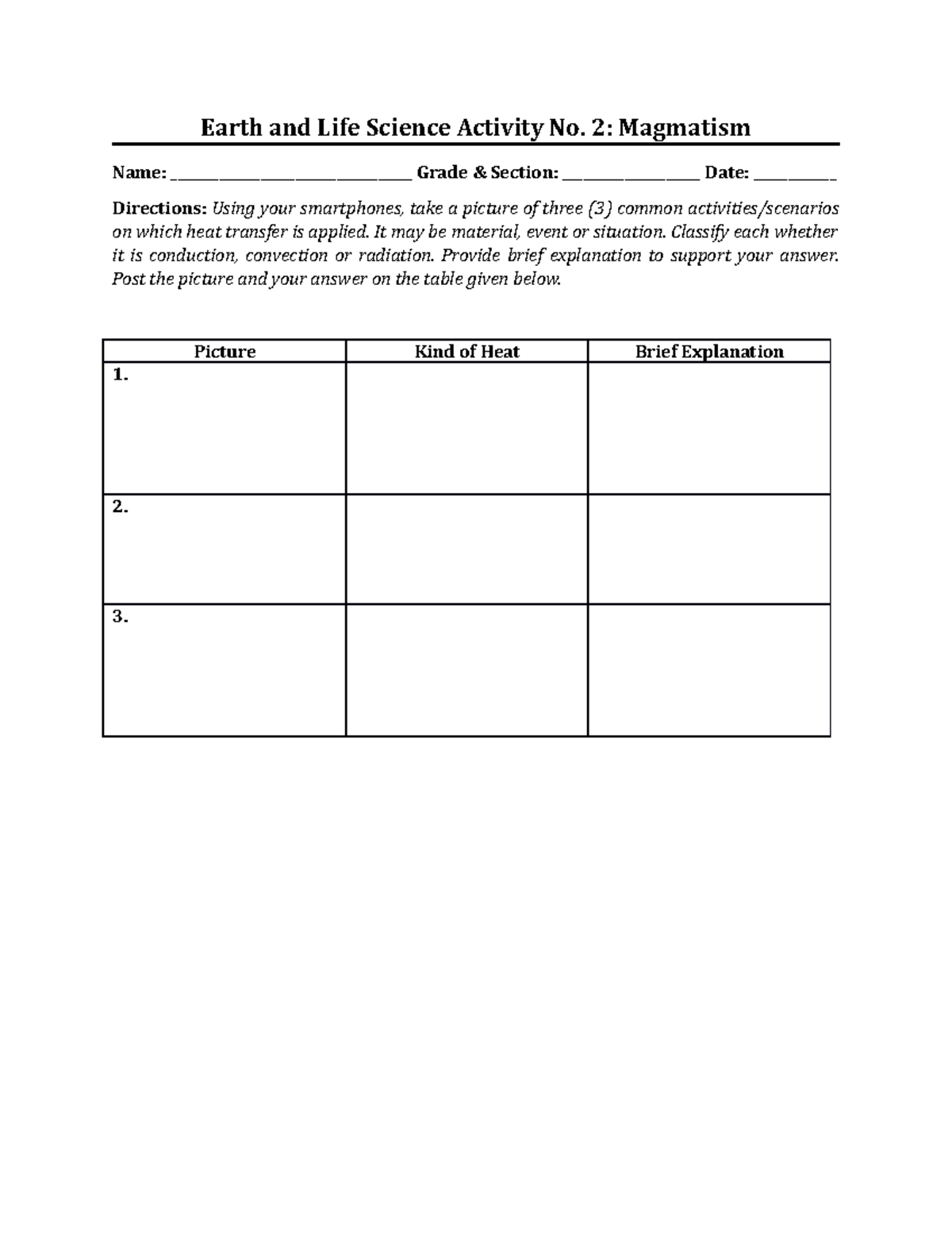 Earth and Life Science Activity No 2 - 2: Magmatism Name