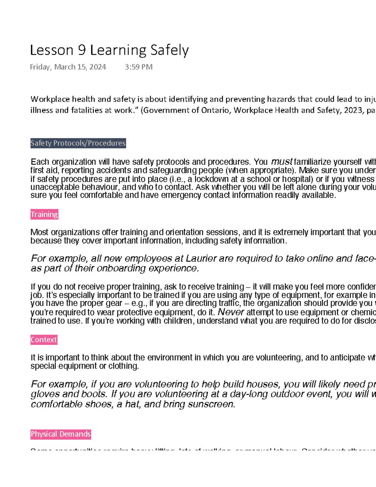 Lesson 9 Learning Safely - Workplace health and safety is about ...