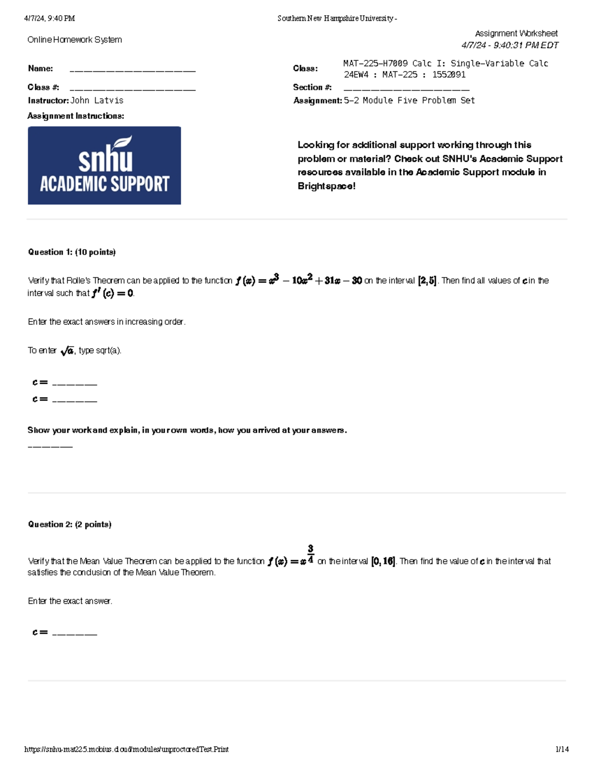 Southern New Hampshire University - Online Homework System Assignment ...