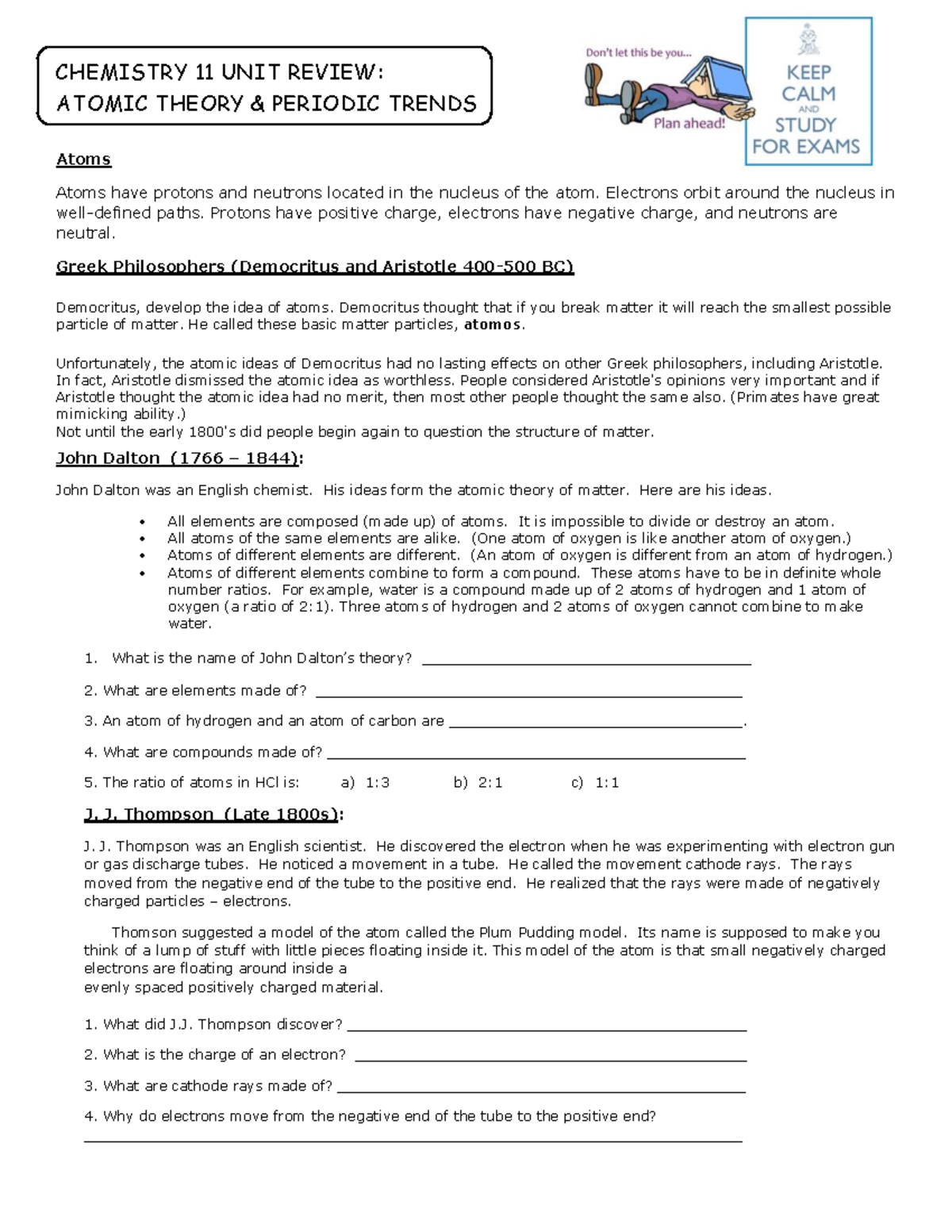 Chemistry 11 Unit Test Review Booklet: Atomic Theory & Periodic Trends ...
