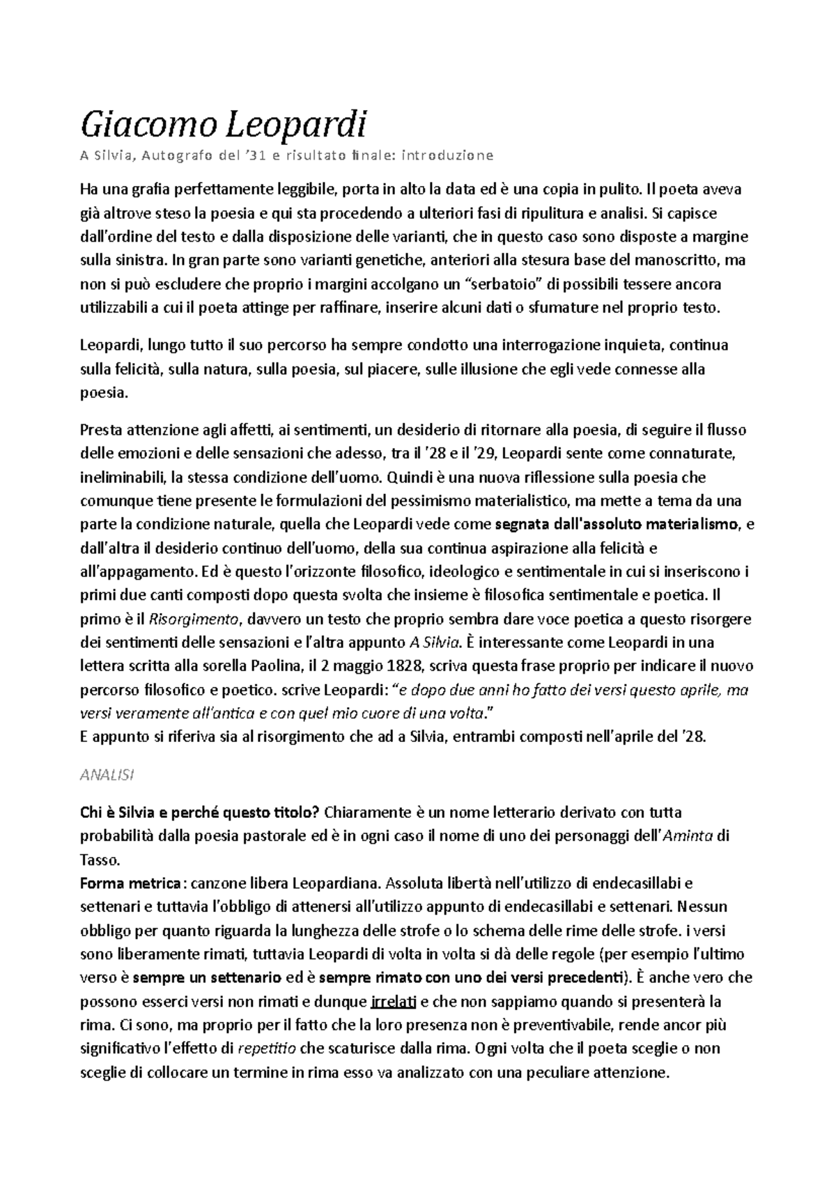 Giacomo Leopardi appunti sulla poesia A Silvia per orale - Letteratura Italiana - UniPv - Studocu