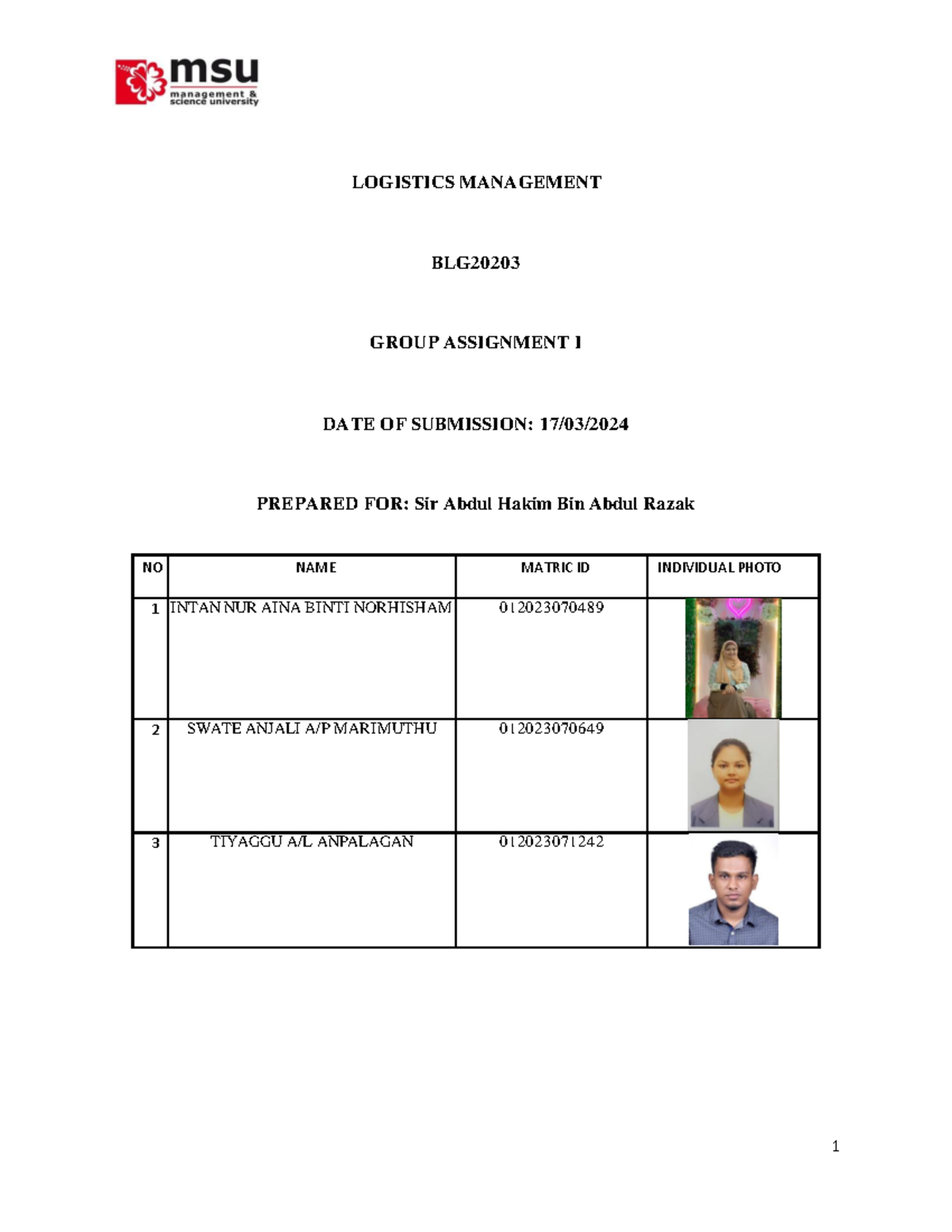 Final lgm report - LOGISTICS MANAGEMENT BLG GROUP ASSIGNMENT I DATE OF ...
