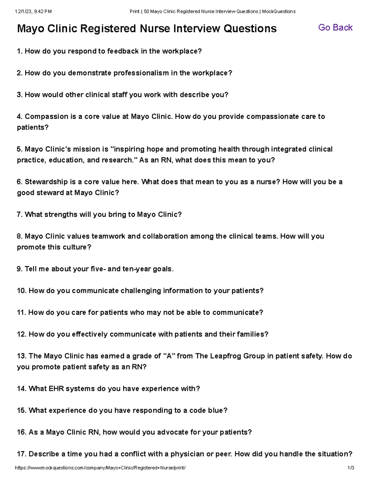 Print 50 Mayo Clinic Registered Nurse Interview Questions Mock ...