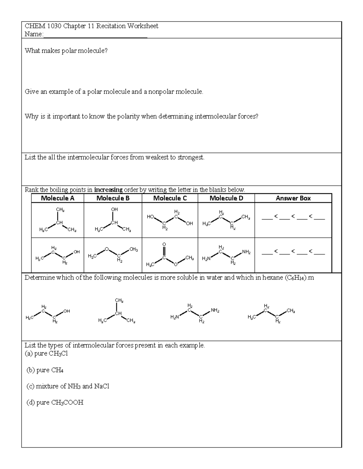 Ch11Recitation CH 1030 - CHEM 1030 Chapter 11 Recitation Worksheet ... Ch11Recitation CH 1030 - CHEM 1030 Chapter 11 Recitation Worksheet ...