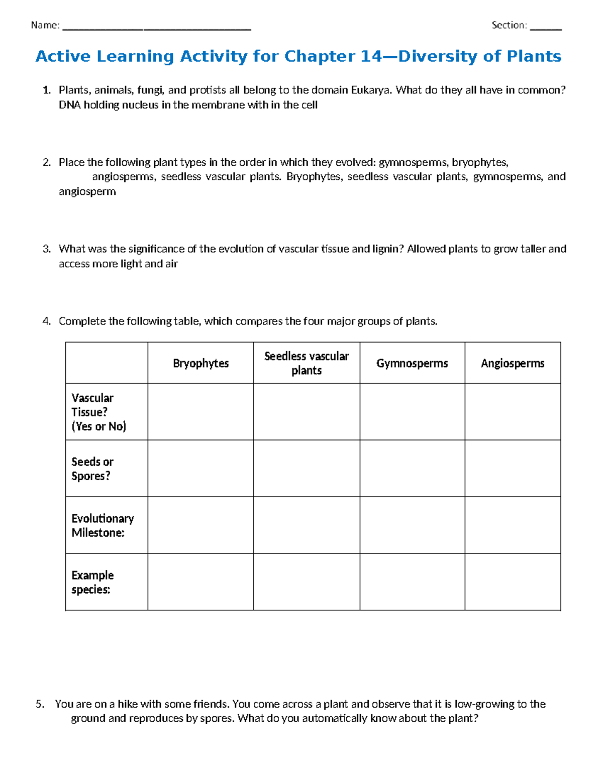 Chapter 14 Activity - Nafhf - Active Learning Activity for Chapter 14—Diversity of Plants Plants ...