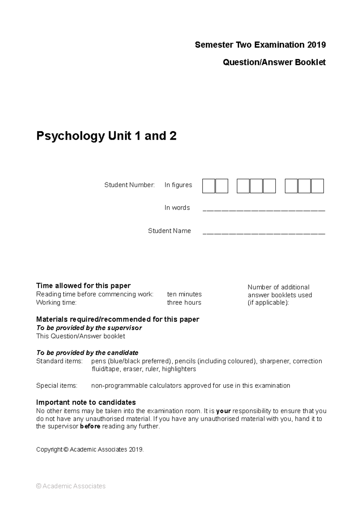 Semester two psychology yr 11 wace atar exam paper - Semester Two ...