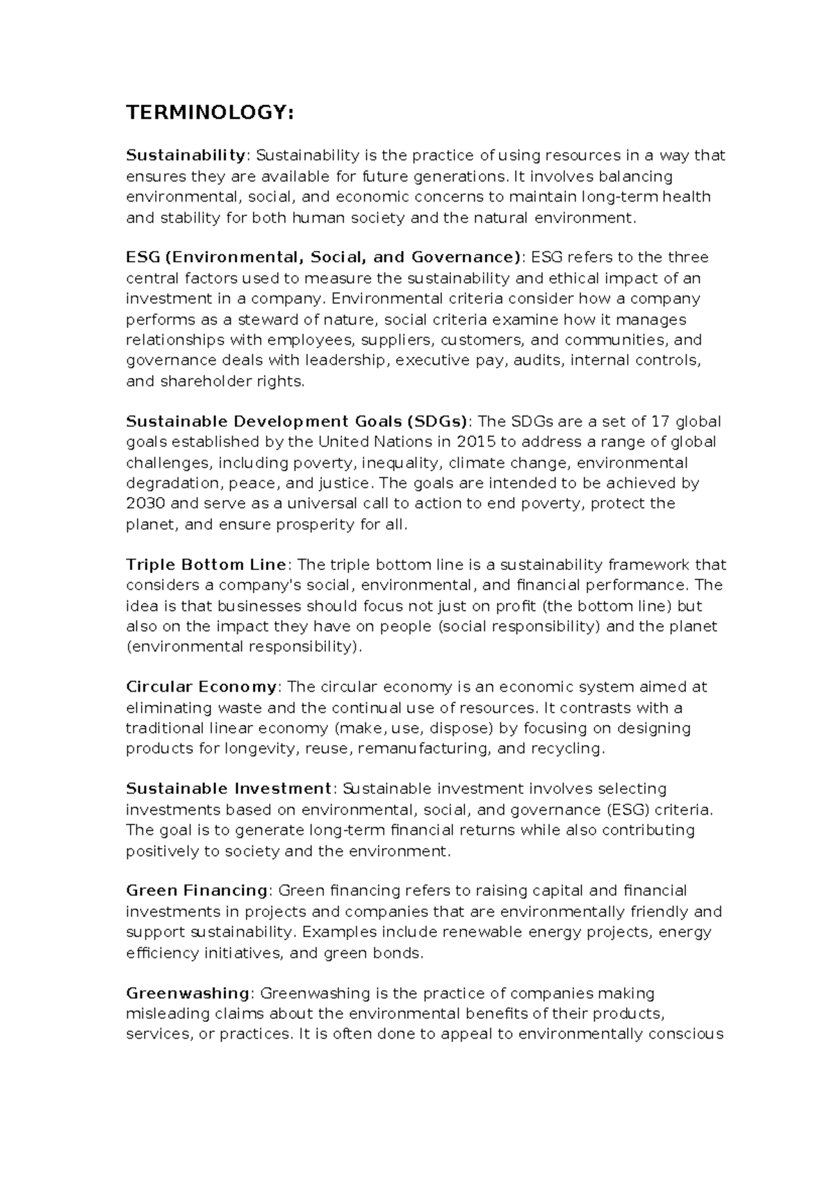Sustainability NOTES - TERMINOLOGY: Sustainability: Sustainability is ...