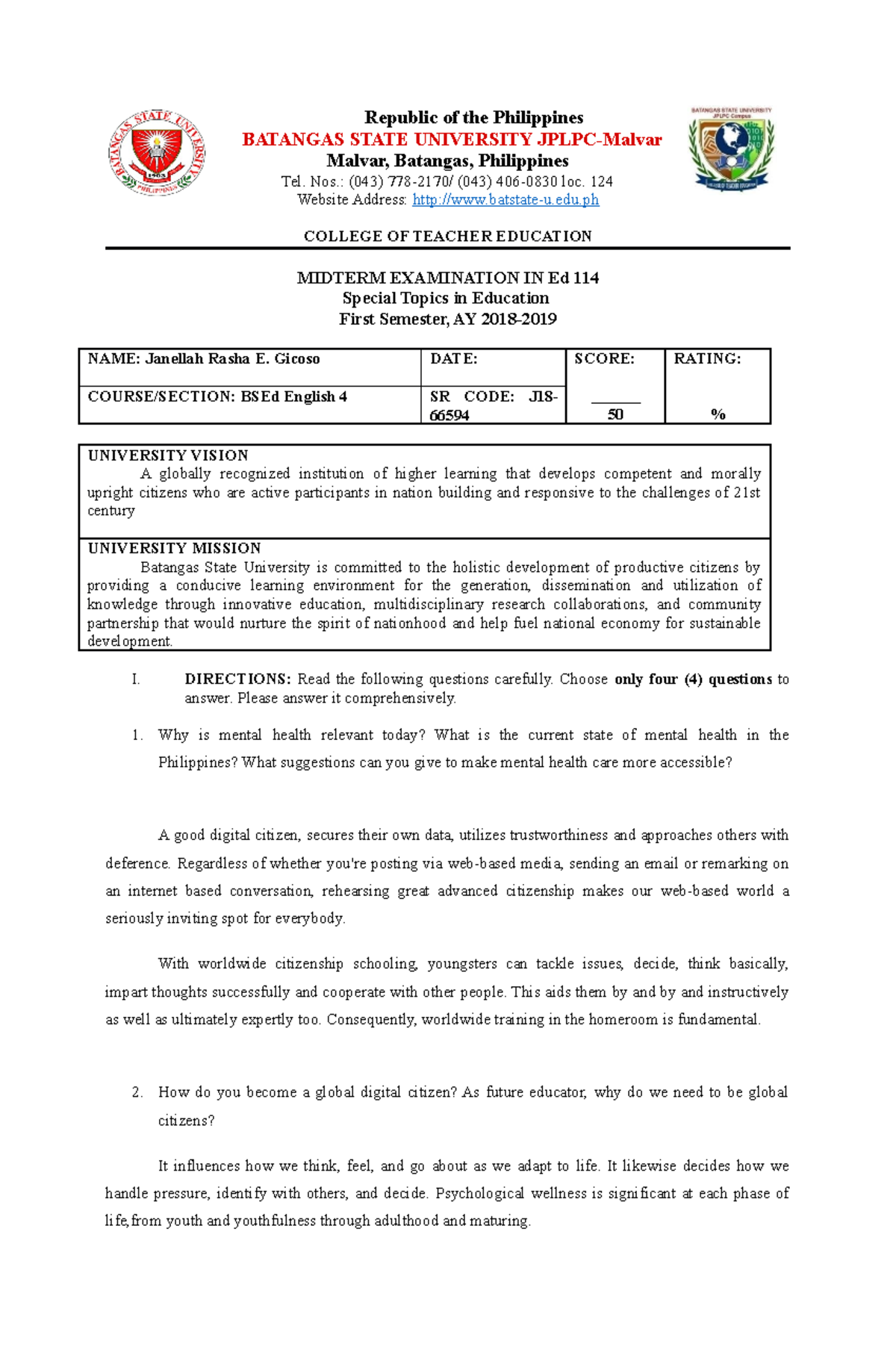 Midterm Examination Ed 114 - Republic of the Philippines BATANGAS STATE ...