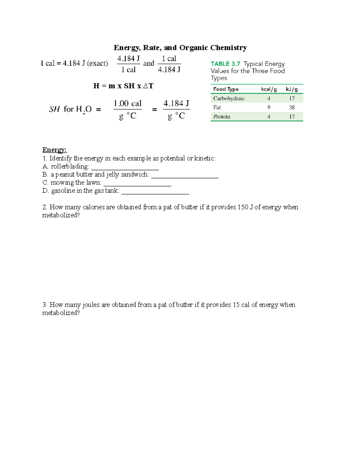 Worksheet for Quiz 4 2020 - Energy, Rate, and Organic Chemistry H = m x ...