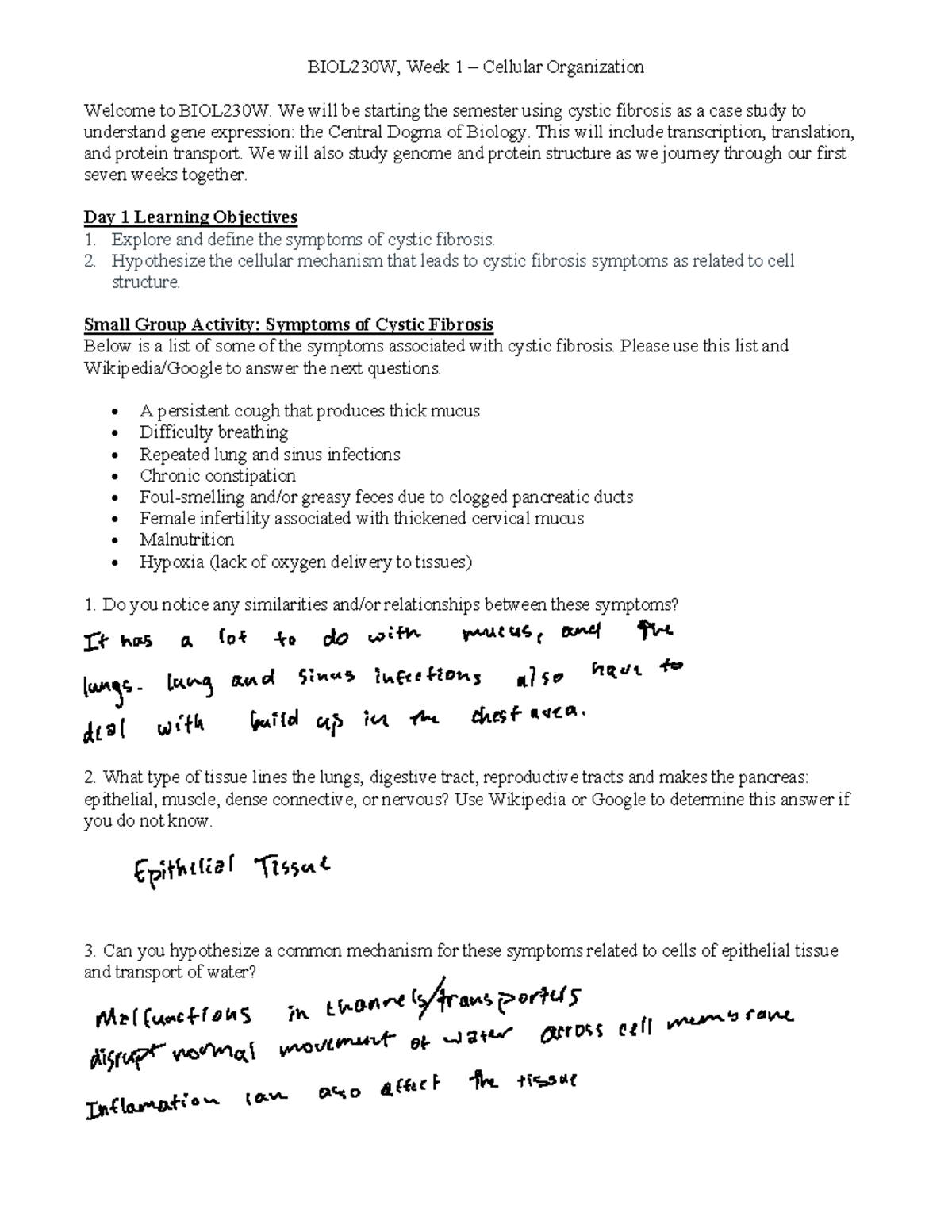 Week One Bio 230W Packet - Welcome to BIOL230W. We will be starting the ...
