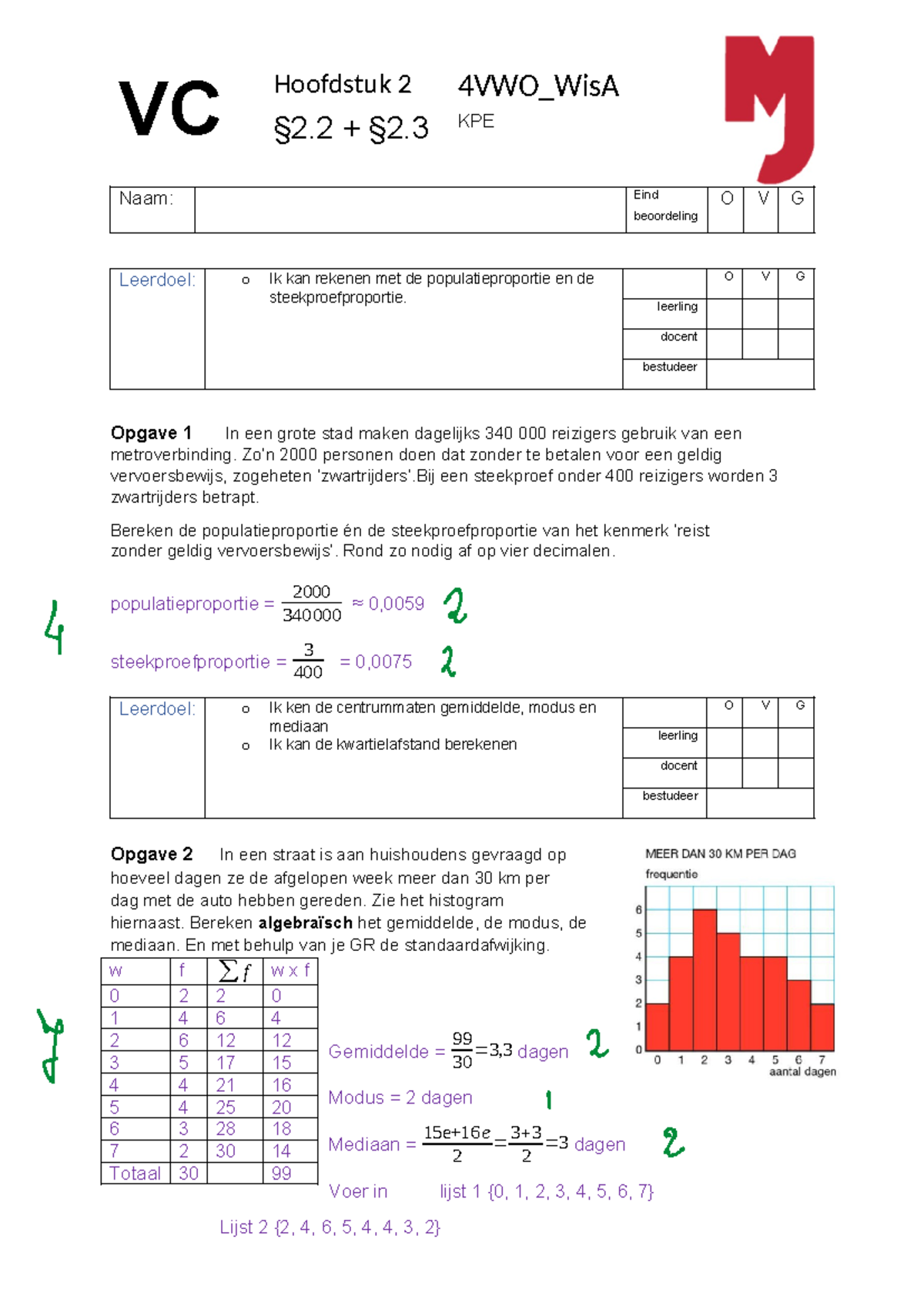 4 Vwo A H2.2+2.3 vaardigheden check uitwerkingen - VC Hoofdstuk 2 4VWO_WisA §2 + §2. KPE Naam ...