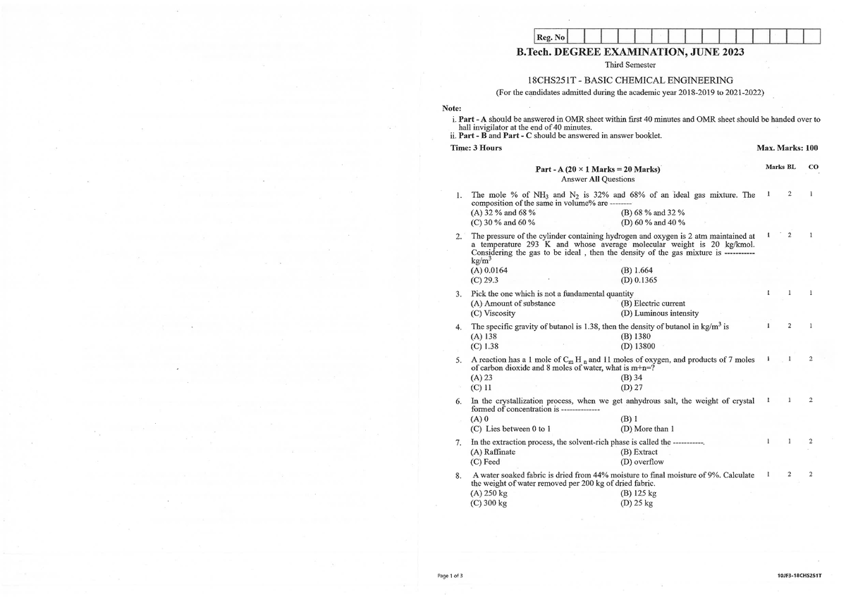 18CHS251T - previous year question paper - Chemical engineering ...