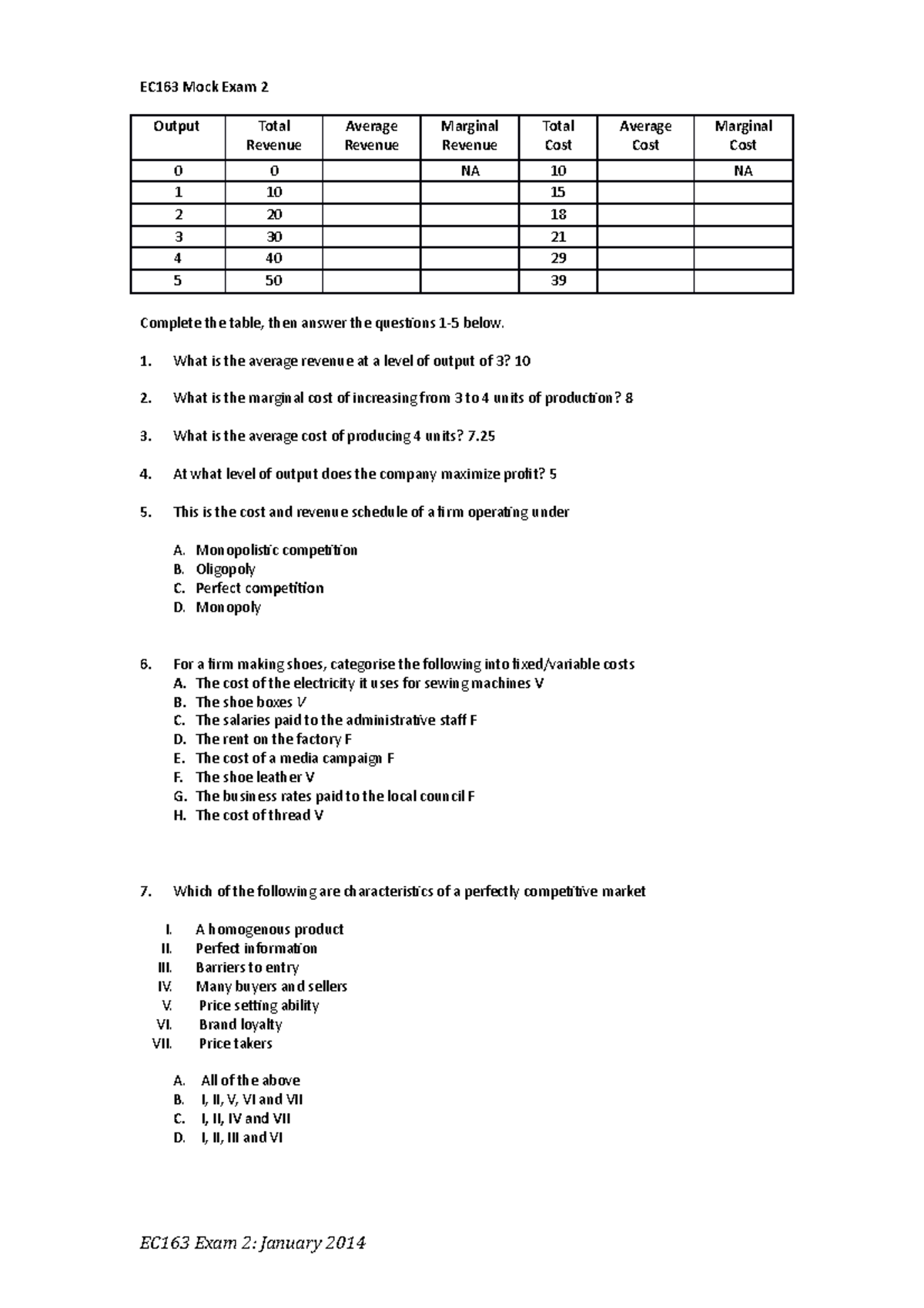 Microeconomics multiple choice exam mock answers - EC163 Mock Exam 2 ...