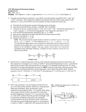 Homework Assignment 5 - CEE 280 Advanced Structural Analysis Homework 5 Due: Wed. Nov. 15 ...