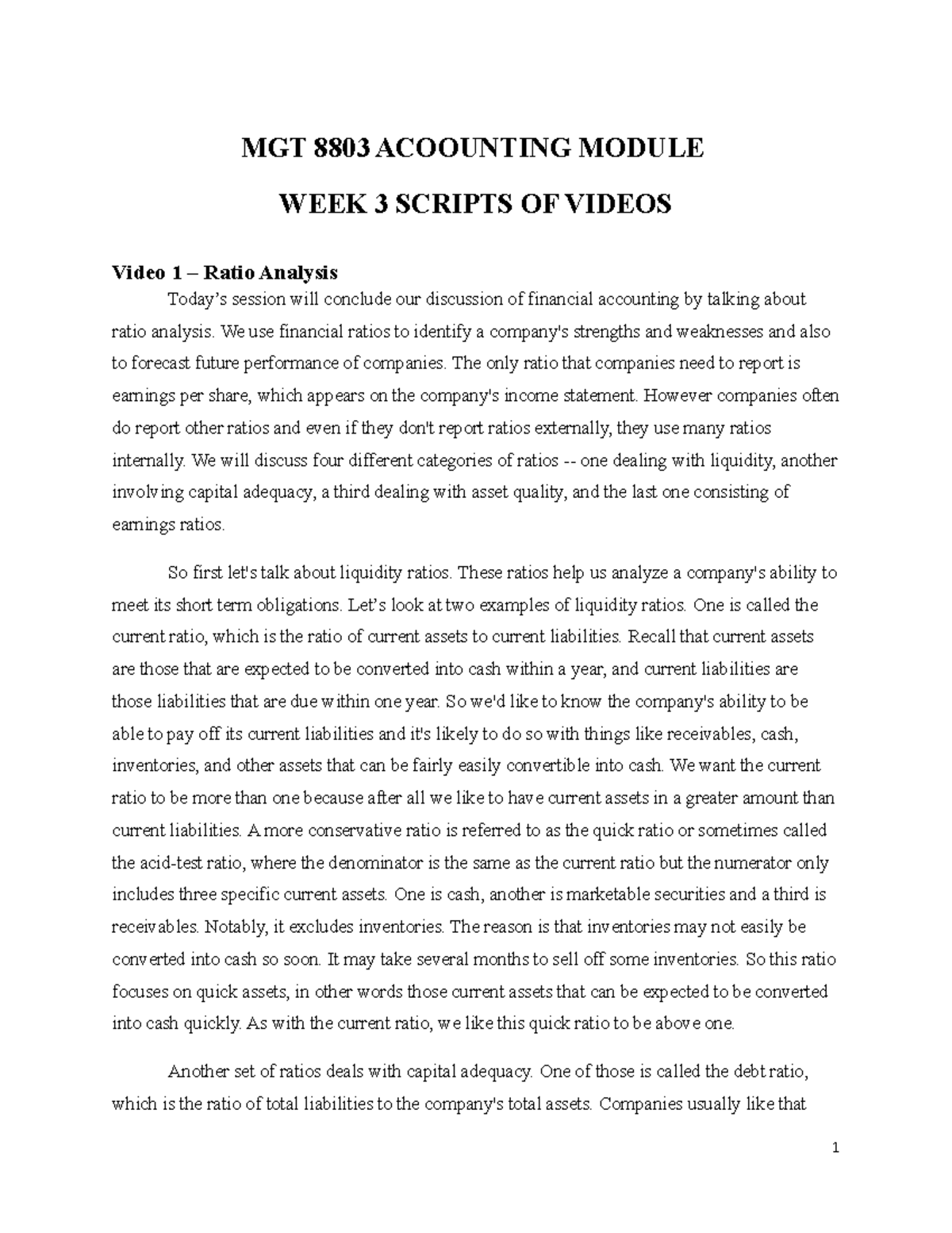 Week 3 Accounting- Ratio and Financial Statement Analysis Video Scripts - MGT 8803 ACOOUNTING ...