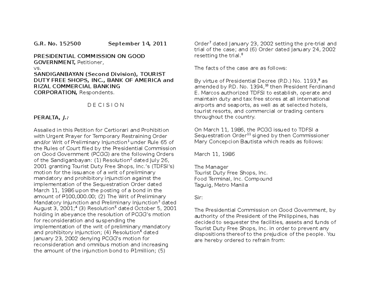 PCGG VS. Sandiganbayan - G. No. 152500 September 14, 2011 PRESIDENTIAL ...