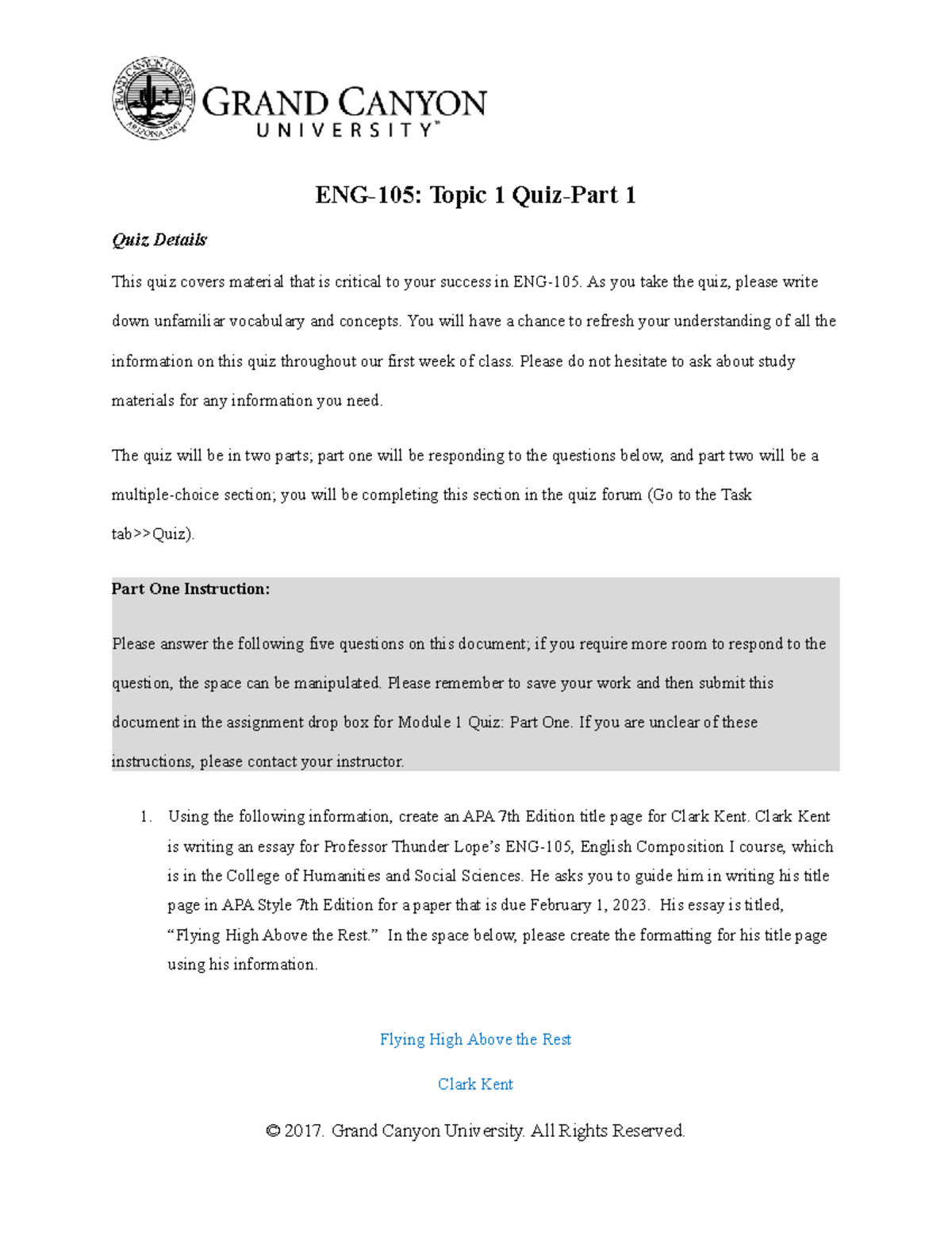 ENG 105 Q T1 Quiz Part1 - Quiz - ENG-105: Topic 1 Quiz-Part 1 Quiz ...