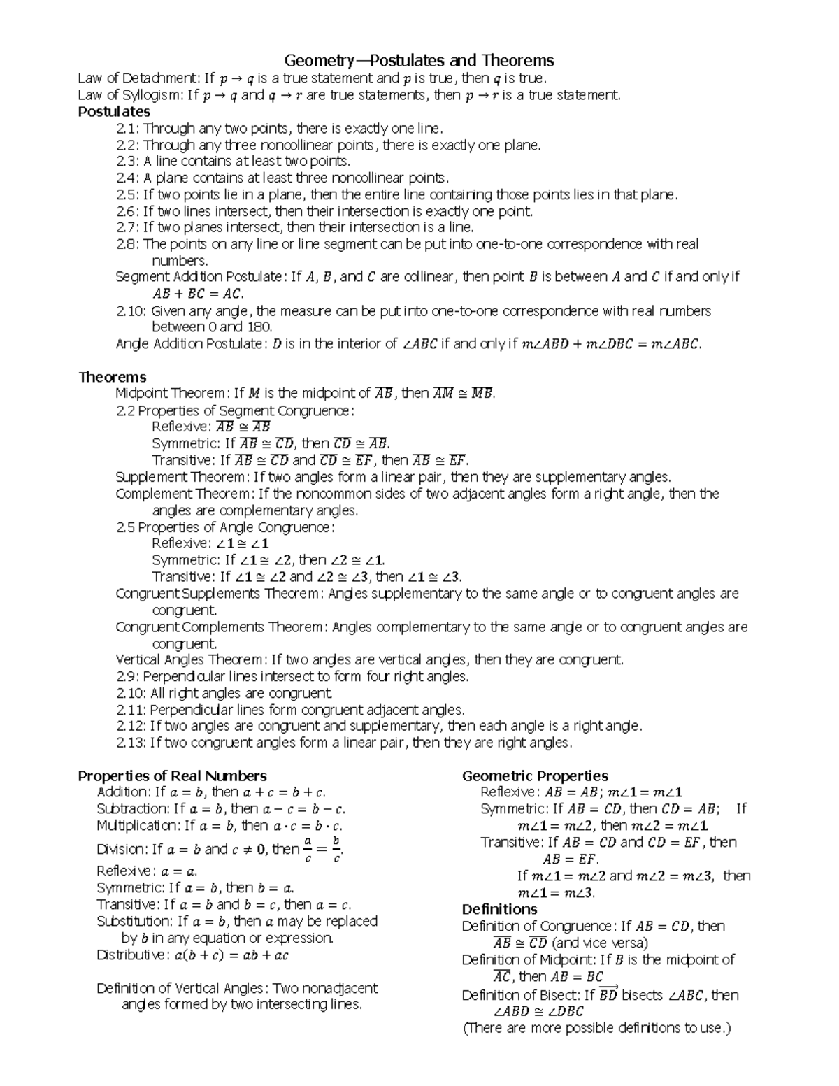 Geometry Chpt 3 Postulates Cheat Sheet Geometry—postulates And Theorems Law Of Detachment If