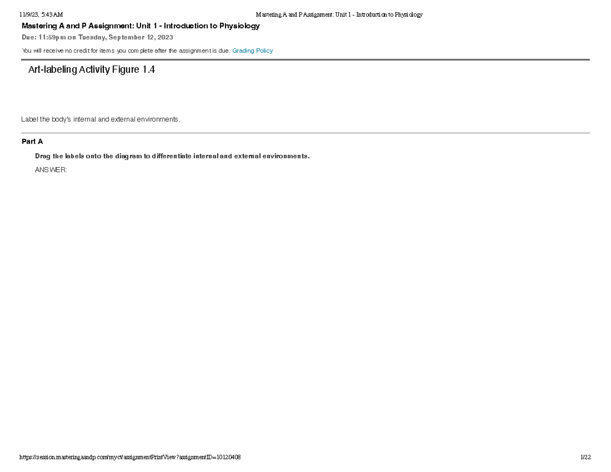 Ap 1 - practice stuff - Mastering A and P Assignment: Unit 1 ...