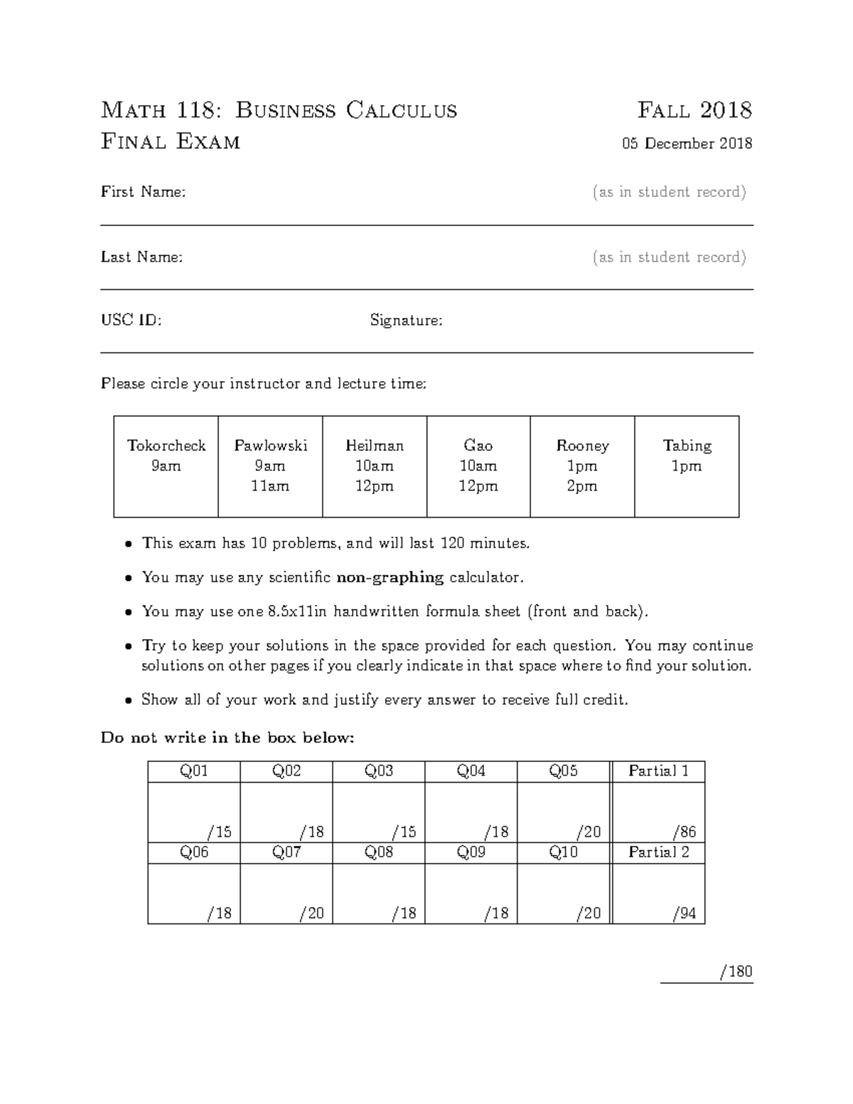 Fall2018 final 118 - Math 118: Business Calculus Fall 2018 Final Exam ...