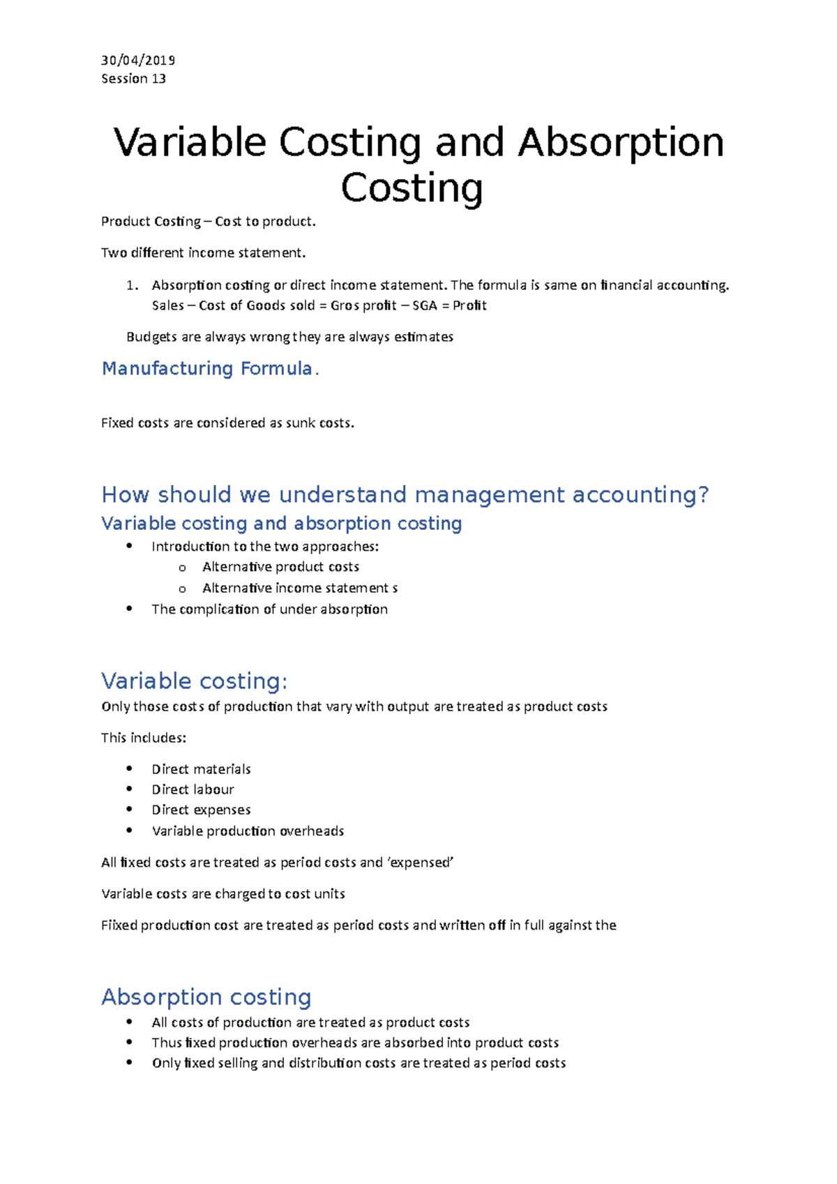 Session 13 Absorption Costing and Absorption Costing - Session 13 ...