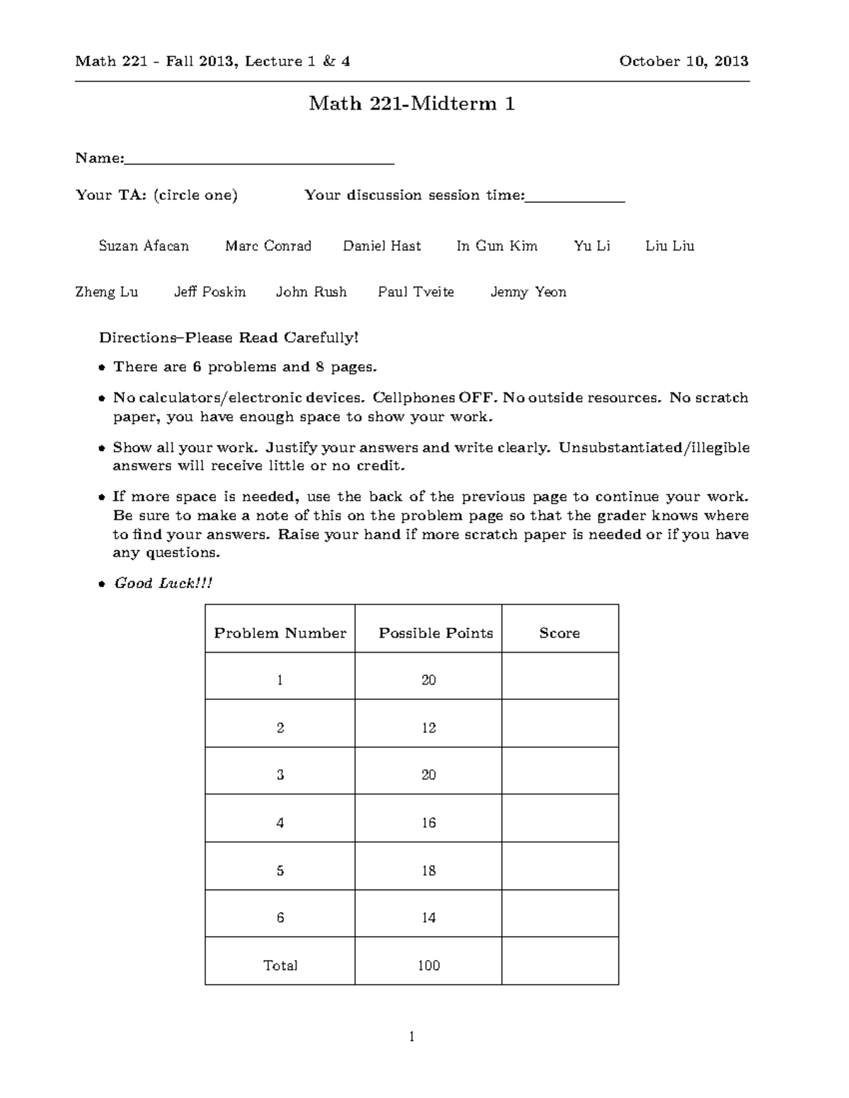 Fall 2013-midterm 1-solutions - Math 221 - Fall 2013, Lecture 1 & 4 ...