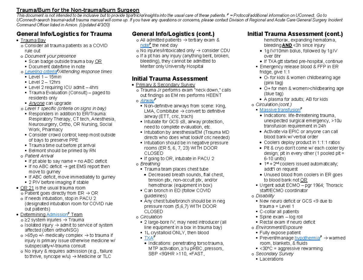 Uw master trauma and burn cheat sheet - T NURS 340 - UW - Studocu