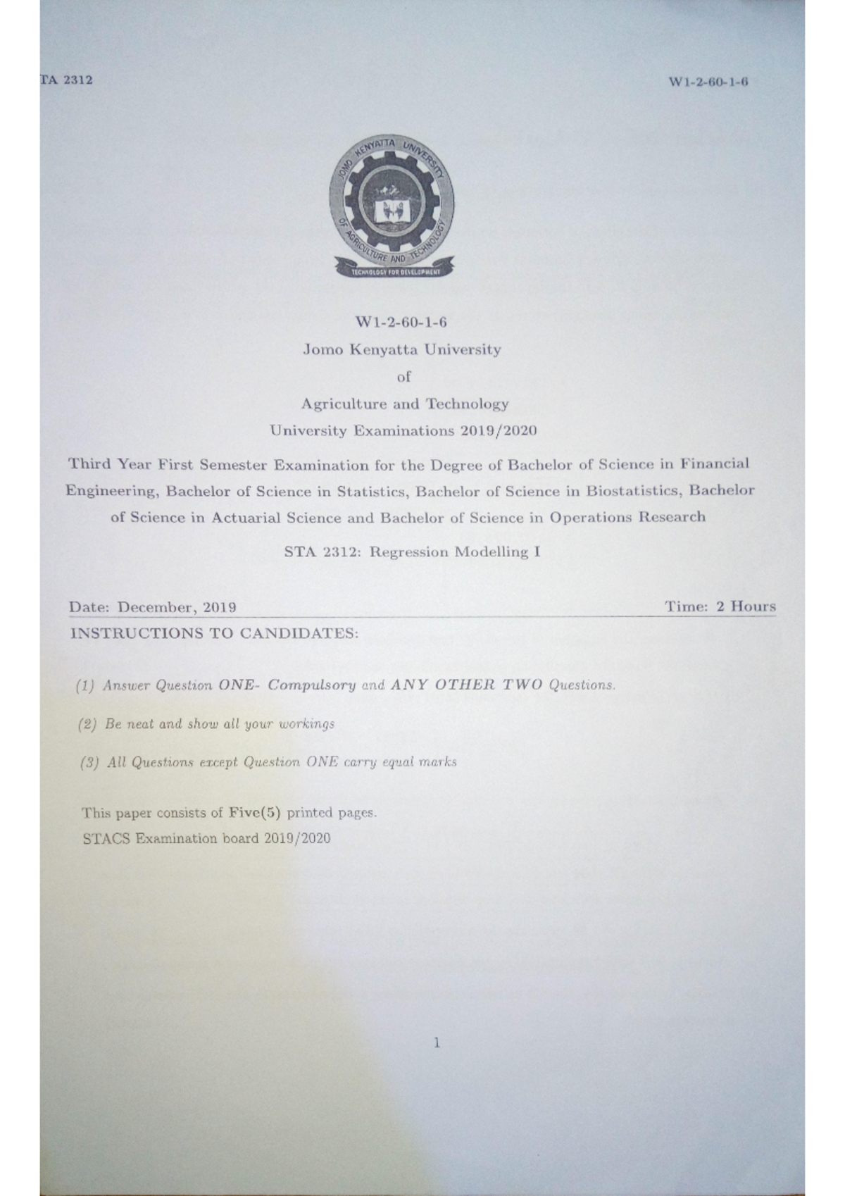 STA 2312, Regression Modelling I - Studocu