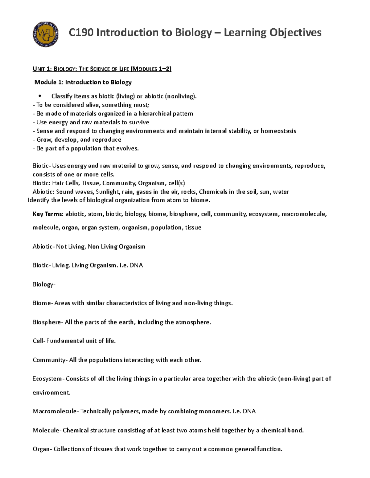 Bio Learning Objectives Terms 2020 - UNIT 1: BIOLOGY: THE SCIENCE OF ...