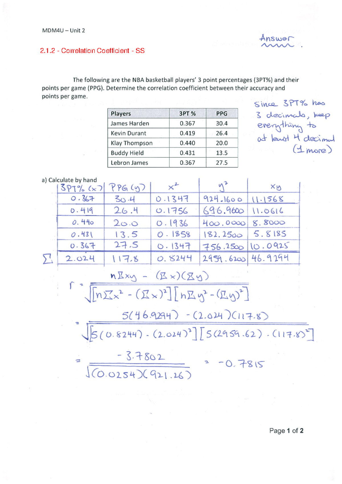 2.1.2 Correlation Coefficient - Manually - SS - Mathematics - Studocu