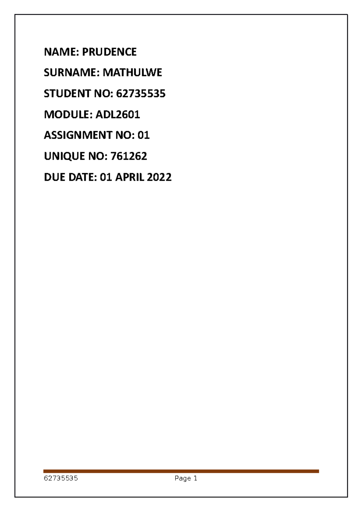Written adl2601 assignment - MBP316D - VUT - Studocu