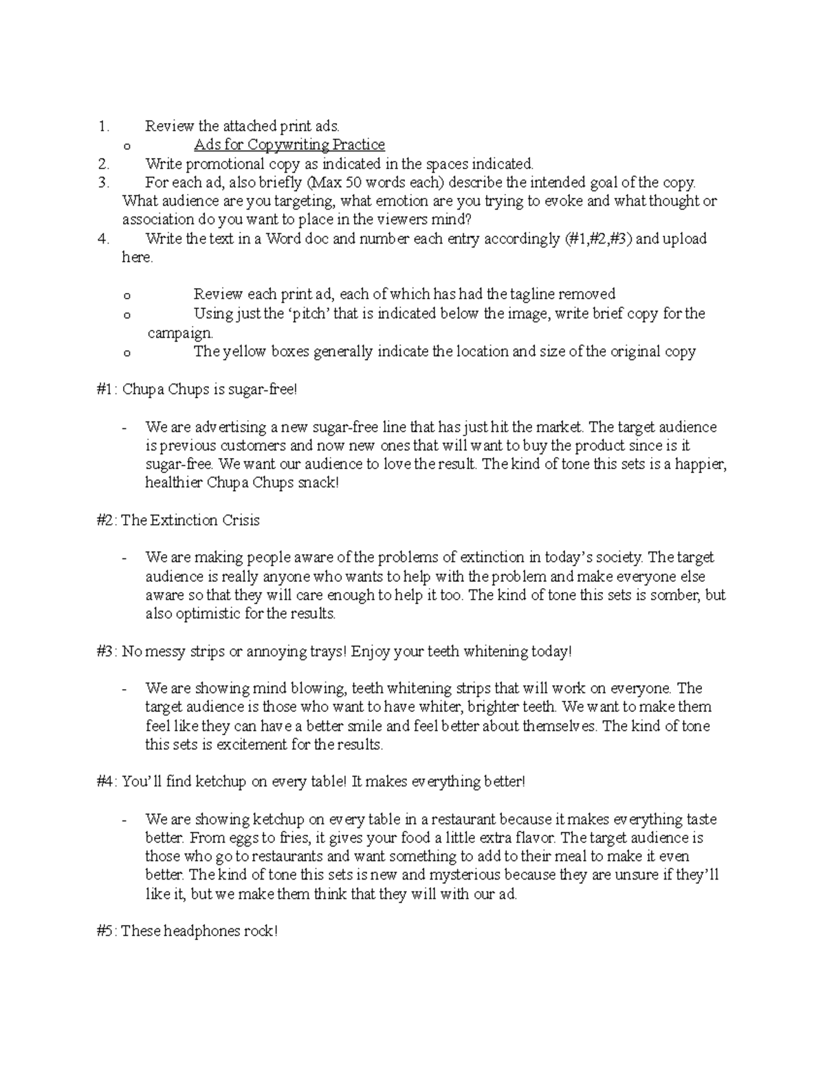 Copywriting Practice - Review the attached print ads. o Ads for ...