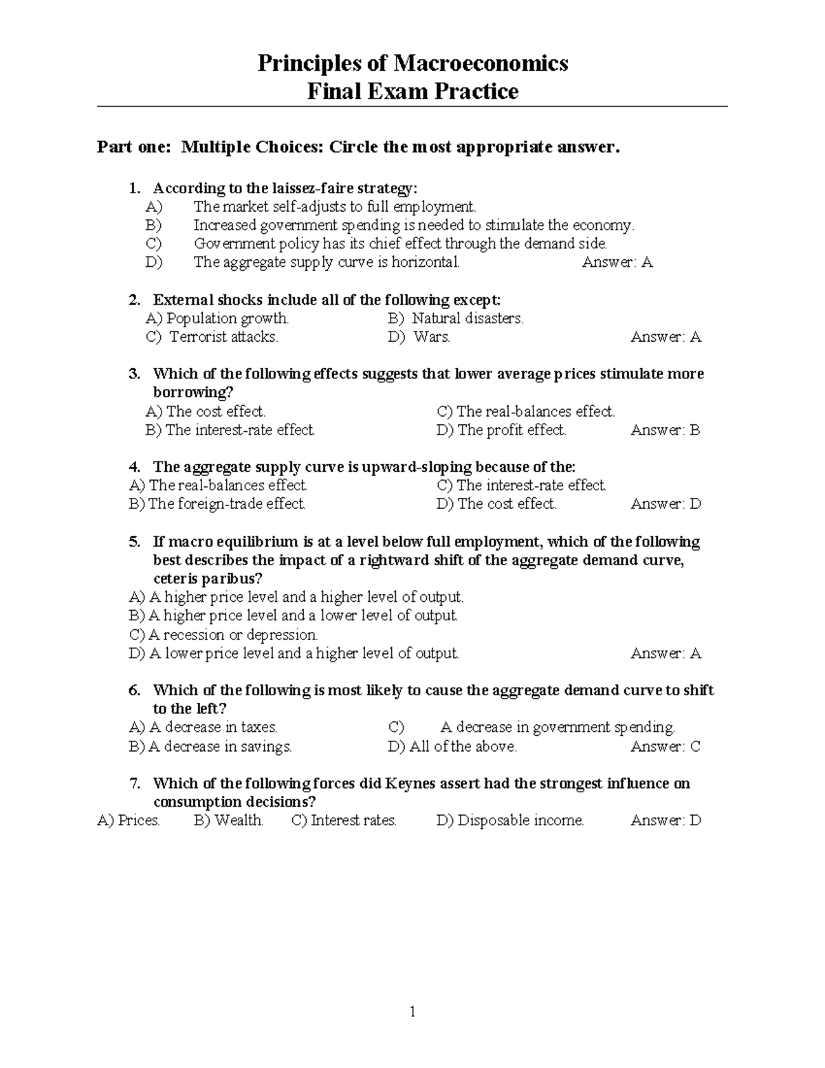 88604306 Macroeconomics Exam Practice - Final Exam Practice Part one ...