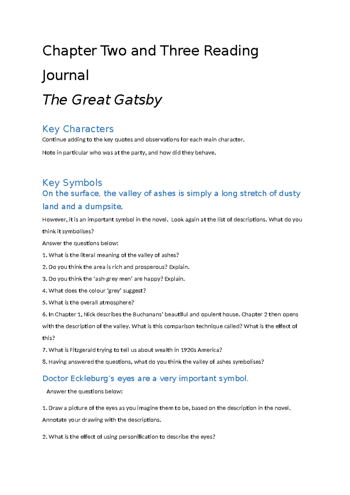 4.2 Homework - Chapter 2 and 3 Reading Journal The Great Gatsby ...