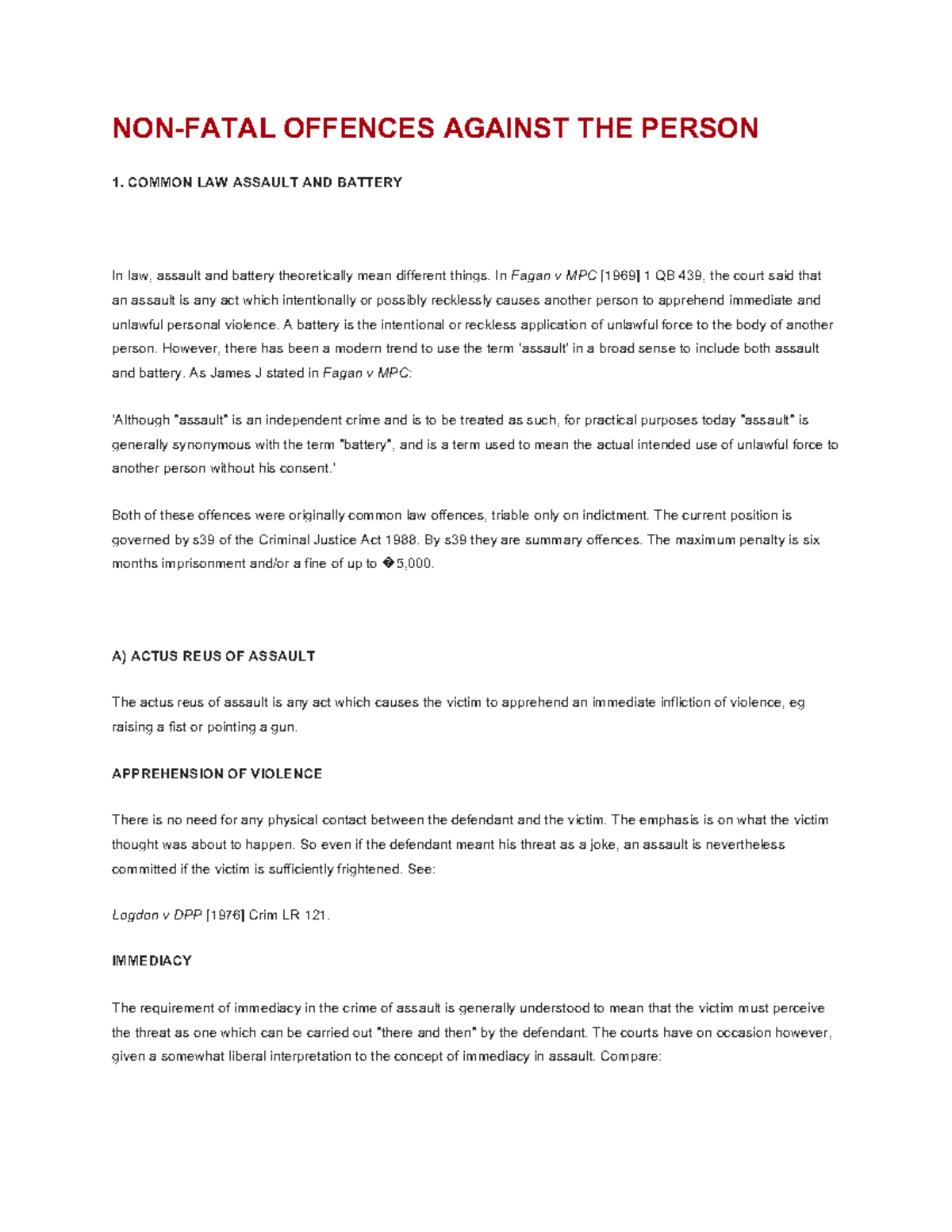 NON fatal offences - LLB - NON-FATAL OFFENCES AGAINST THE PERSON 1 ...