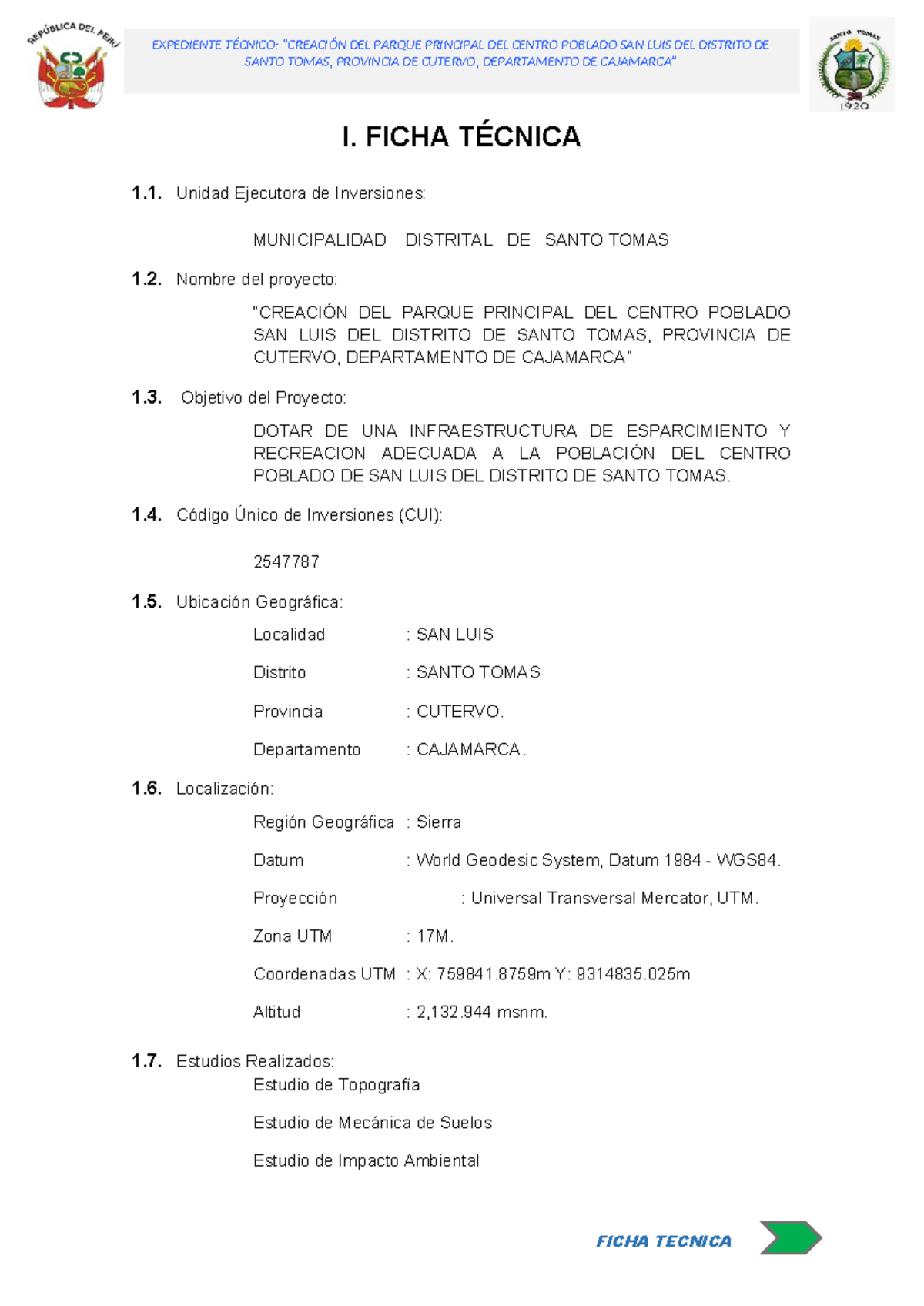 Ficha+ Tecnica 20231126 155047 441 - I. FICHA TÉCNICA 1. Unidad Ejecutora de Inversiones: - Studocu