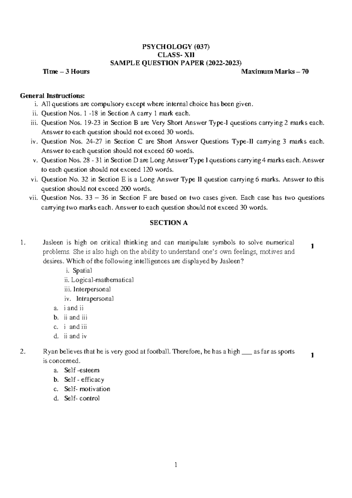 Sample questions papers with marking scheme - PSYCHOLOGY (037) CLASS ...