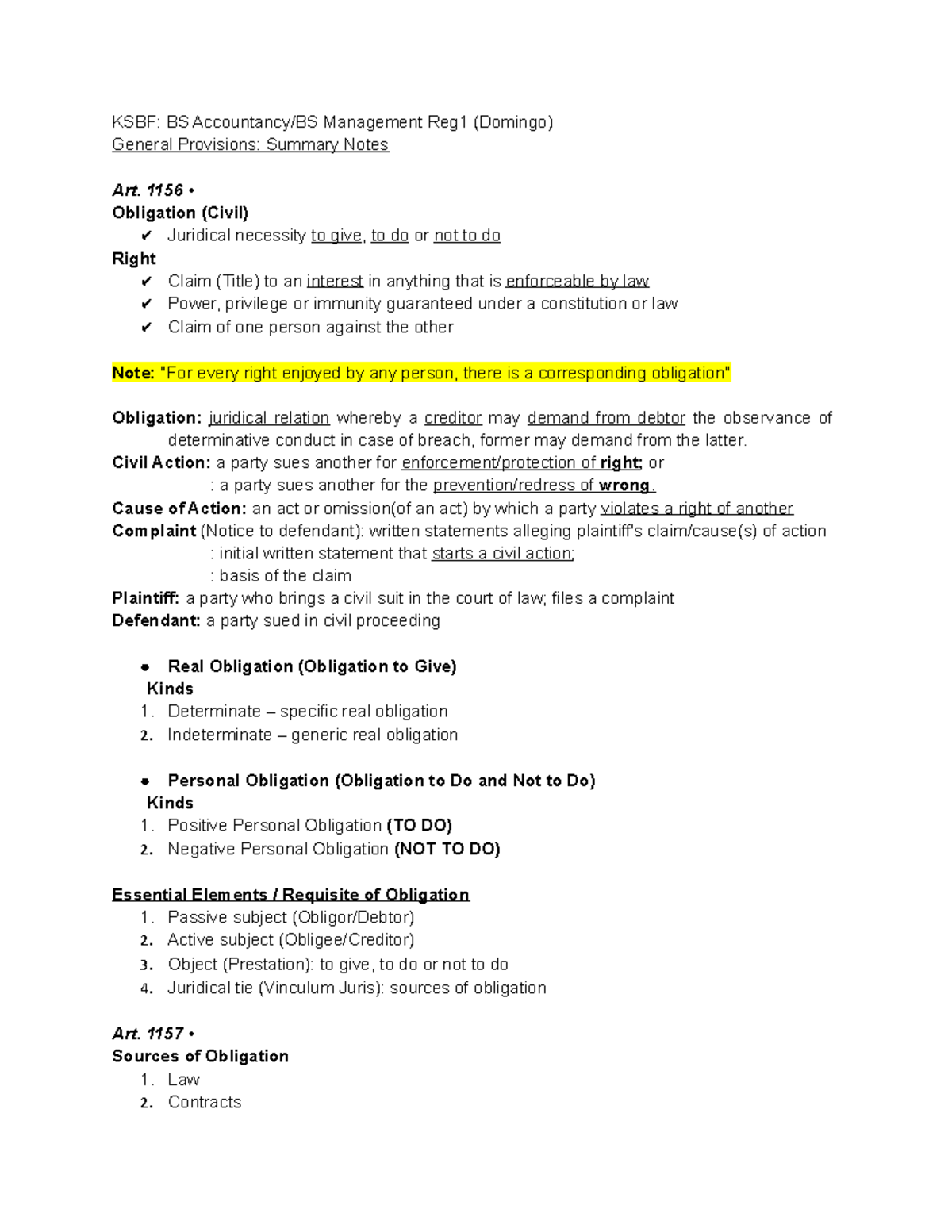 Obli Con - General Provisions Summary Notes - KSBF: BS Accountancy/BS ...