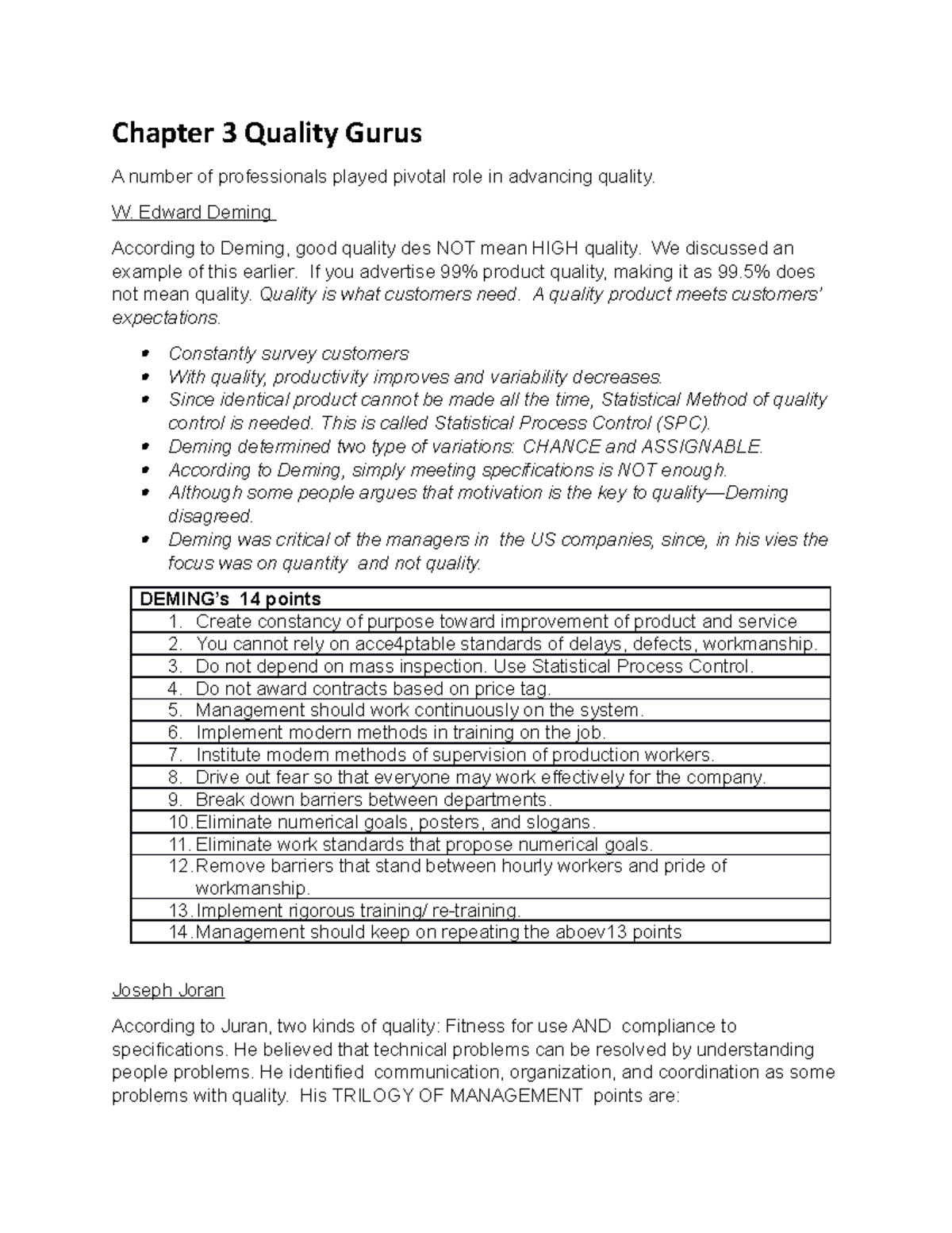 Quality - Chapter 3 - Chapter 3 Quality Gurus A number of professionals played pivotal role in ...