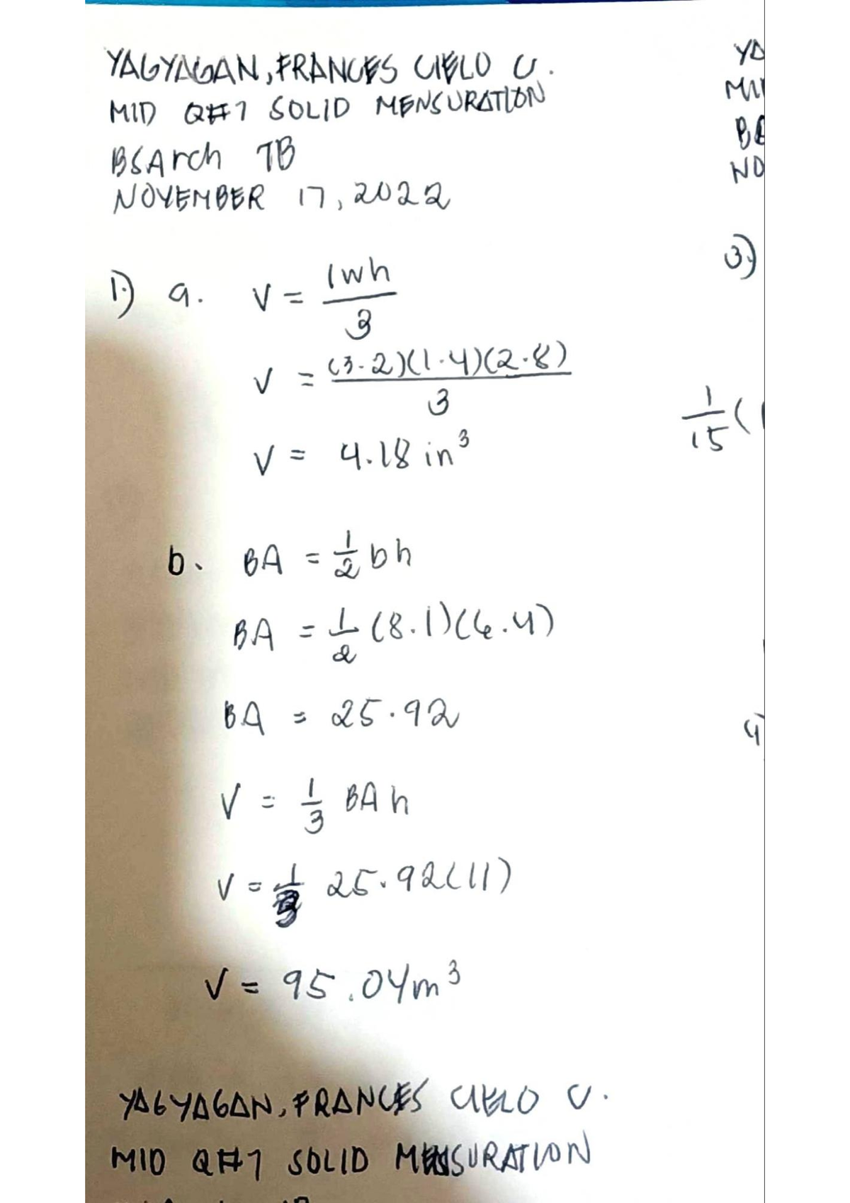 solid mensuration 1 - YAGYAGAN, FRANCES CIELO U . YD MID SOLID ...