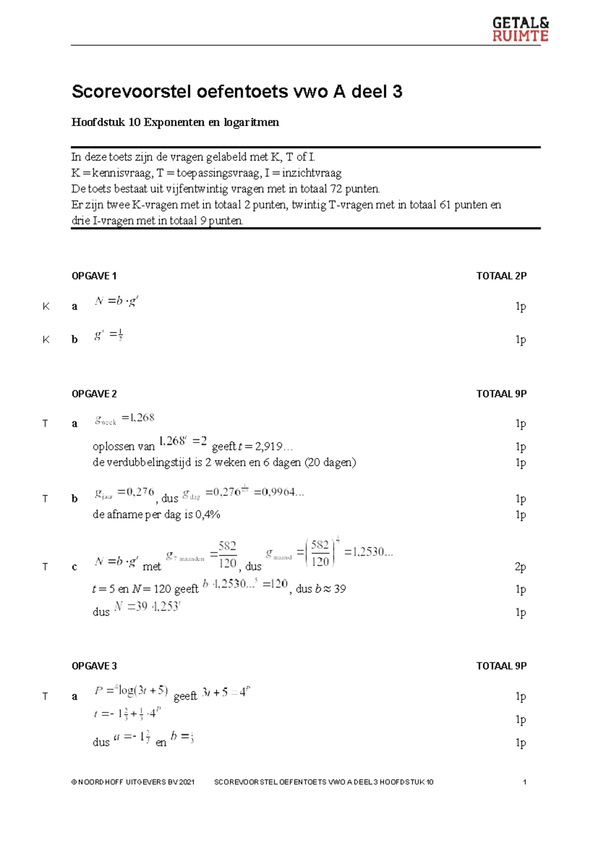 GR12 VA3 H10 Oefentoets scorevoorstel - Scorevoorstel oefentoets vwo A deel 3 Hoofdstuk 10 ...