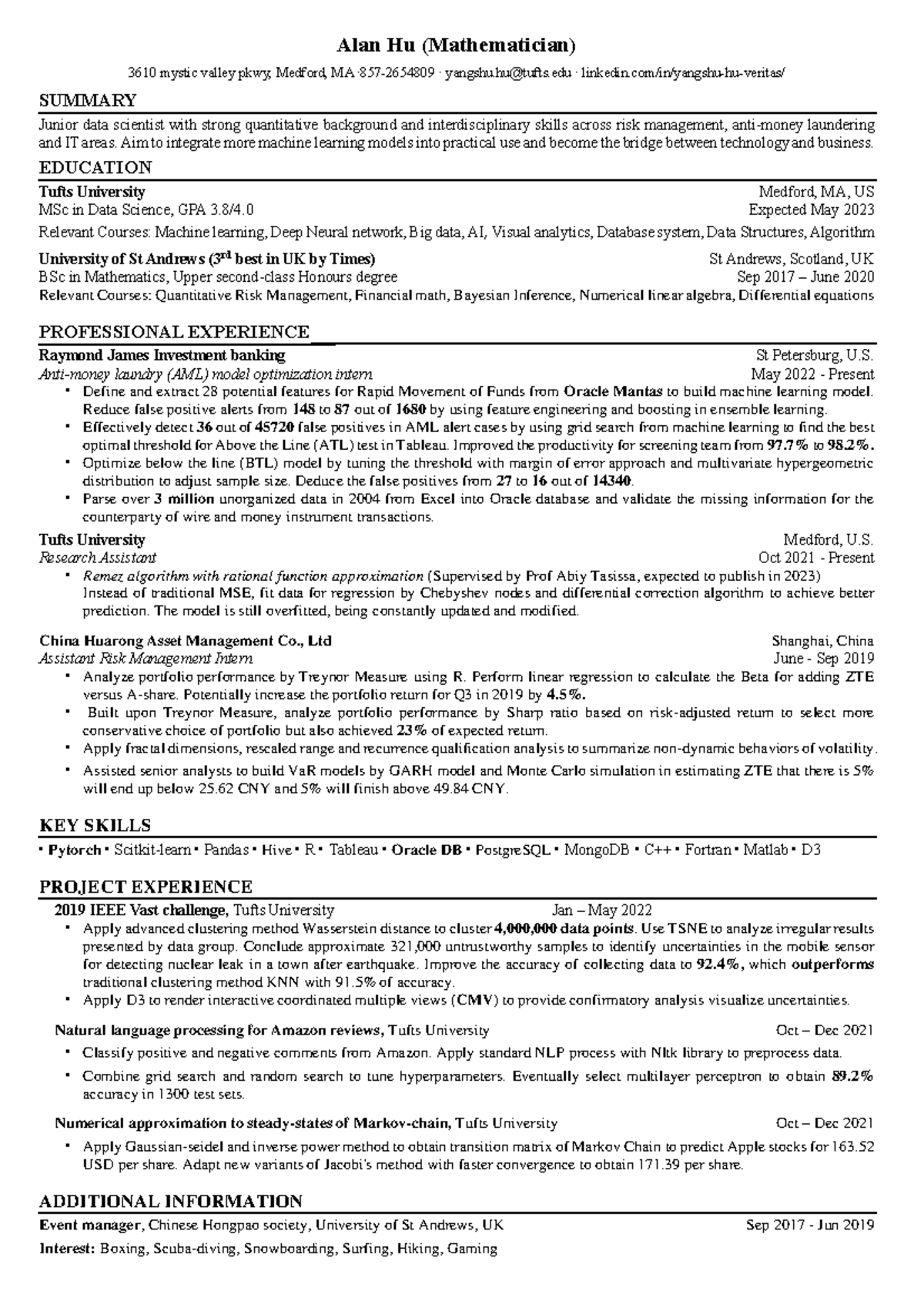 Resume 8 - Alan Hu (Mathematician) 3610 mystic valley pkwy, Medford, MA ...